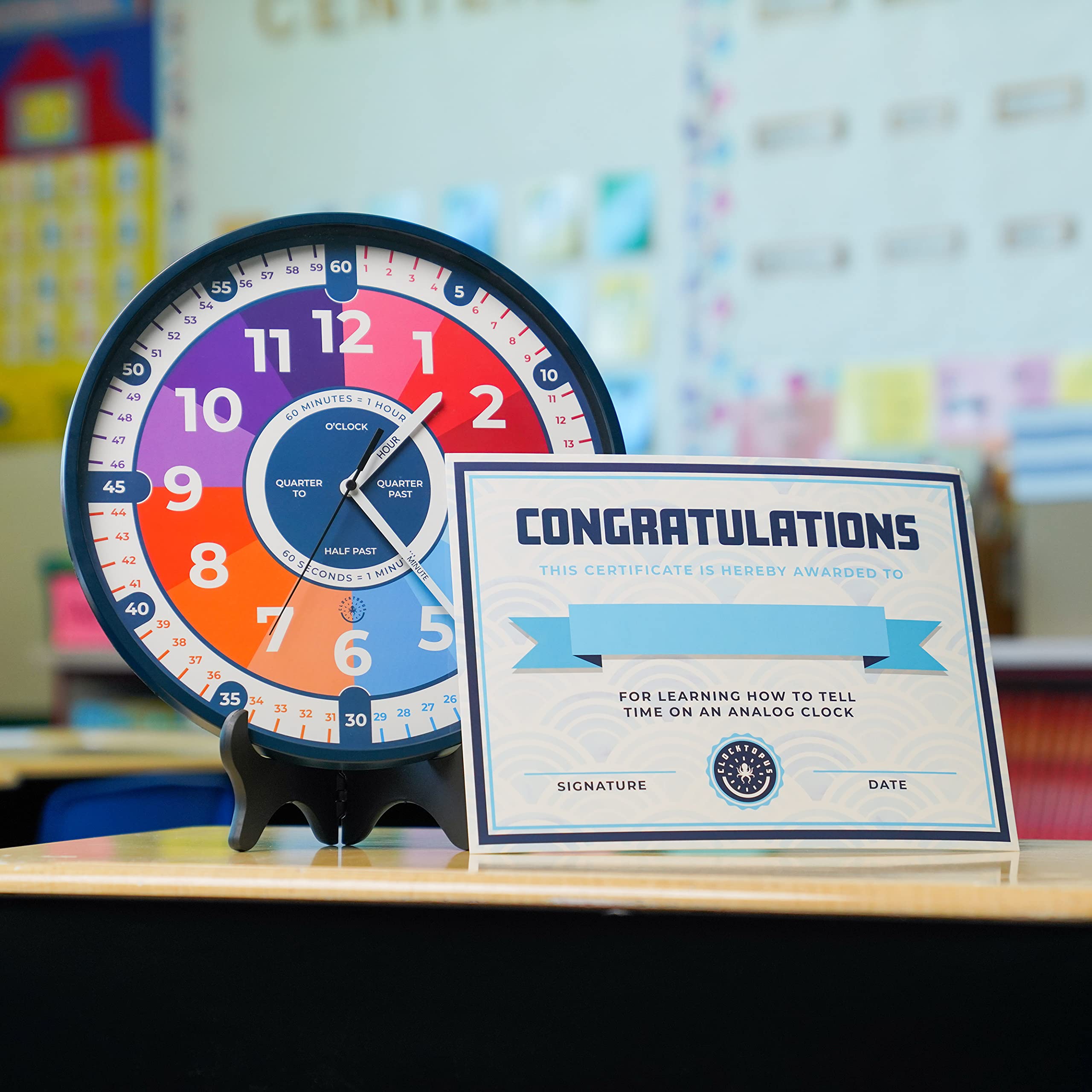 CLOCKTOPUS Kids Learning Clock. Wall Clock Silent with Stand. Analog Clock Telling Time Teaching Clock for Kids. Educational Clock for Kid Playroom Decor, Classroom Clock, Homeschooling Supplies
