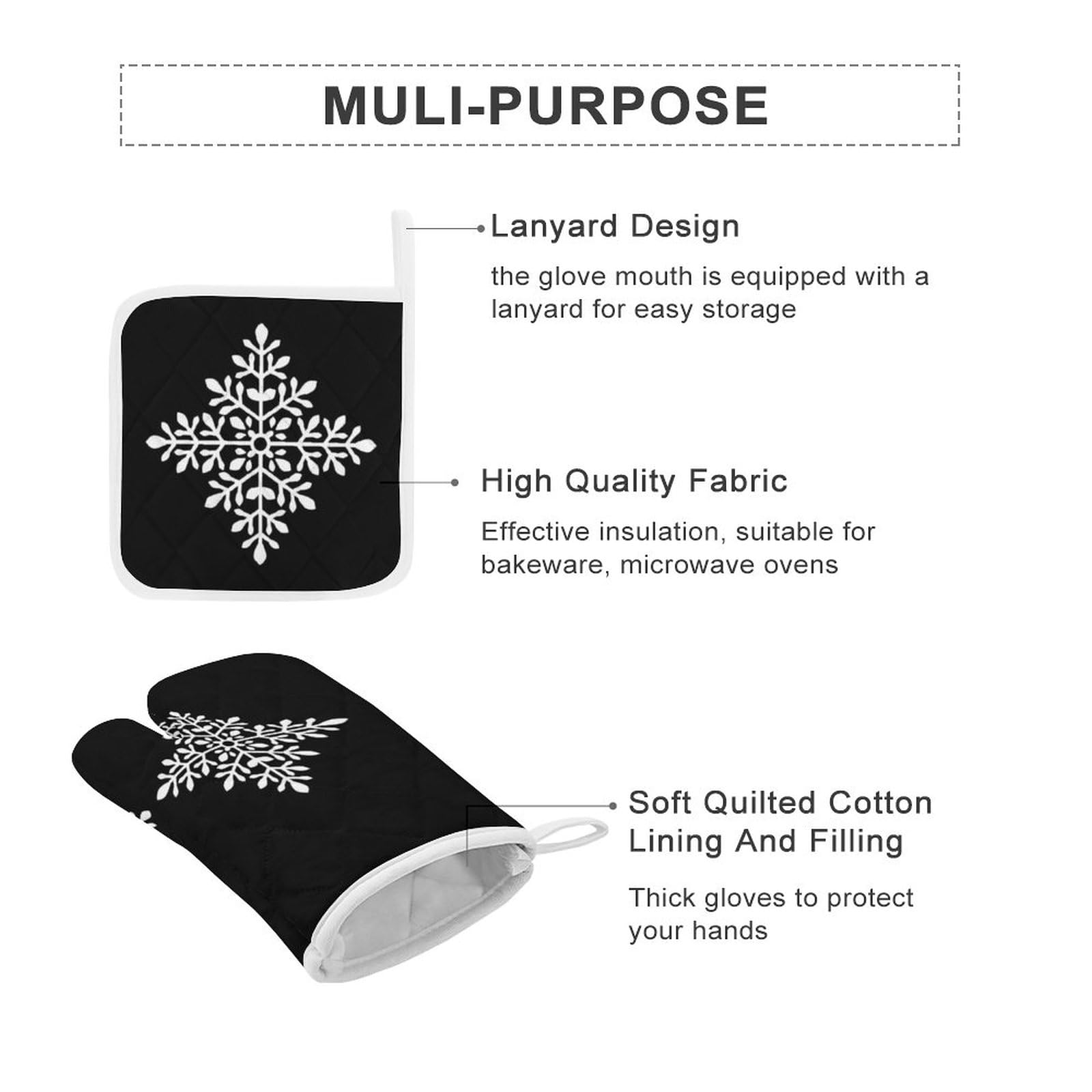 4PCS Oven Mitts and Pot Holders Sets, White Christmas Snowflake Black Oven Mitts Set Heat Resistant Kitchen Microwave Gloves Safe for Baking,Cooking, BBQ