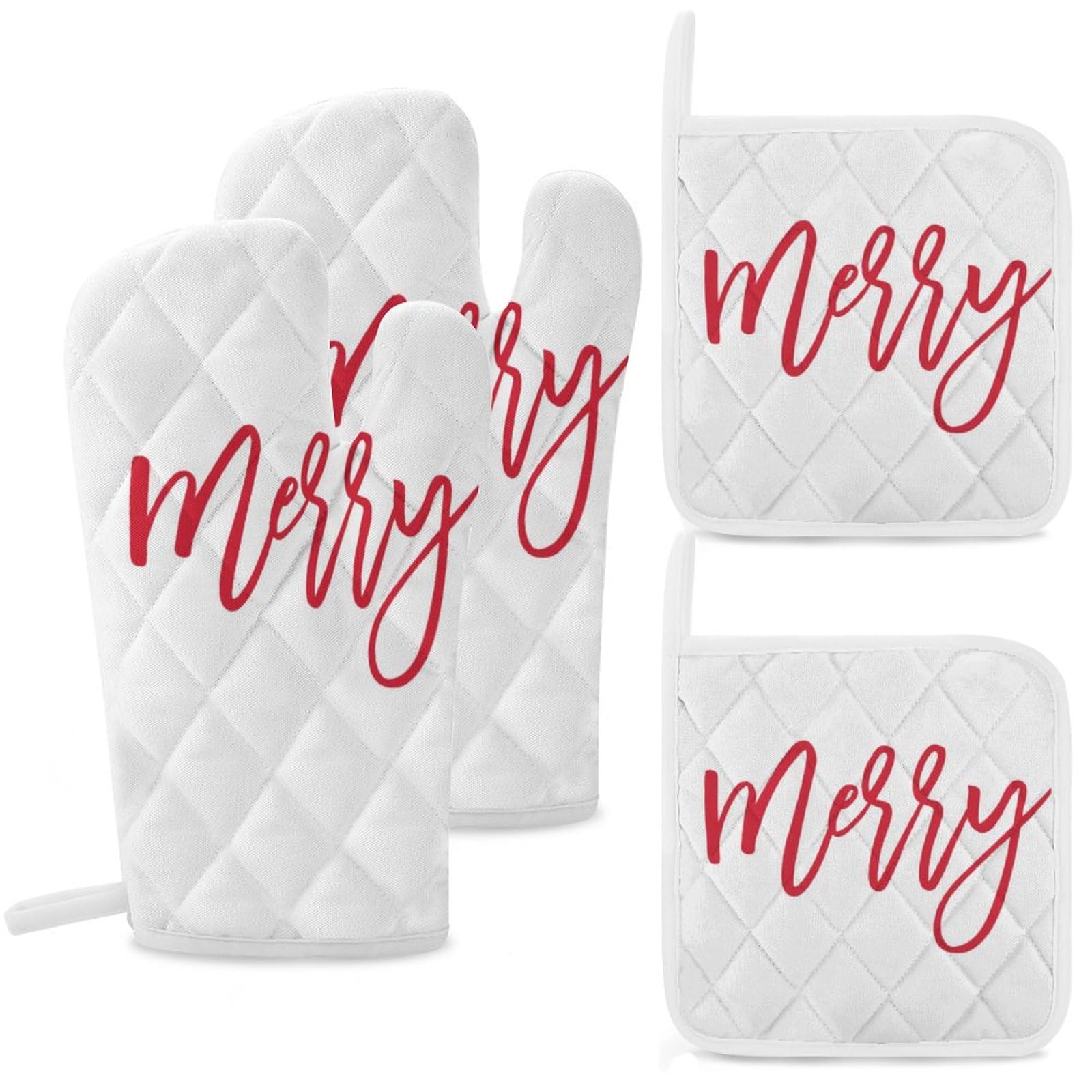 4PCS Oven Mitts and Pot Holders Sets, Merry Modern Red Holiday Christmas Oven Mitts Set Heat Resistant Kitchen Microwave Gloves Safe for Baking,Cooking, BBQ