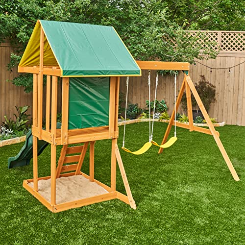 KidKraft Appleton Wooden Swing Set/Playset with Swings, Slide, Rock Wall, Chalkwall, Clubhouse and Sandbox, Ages 3-10, Amazon Exclusive Multicolor
