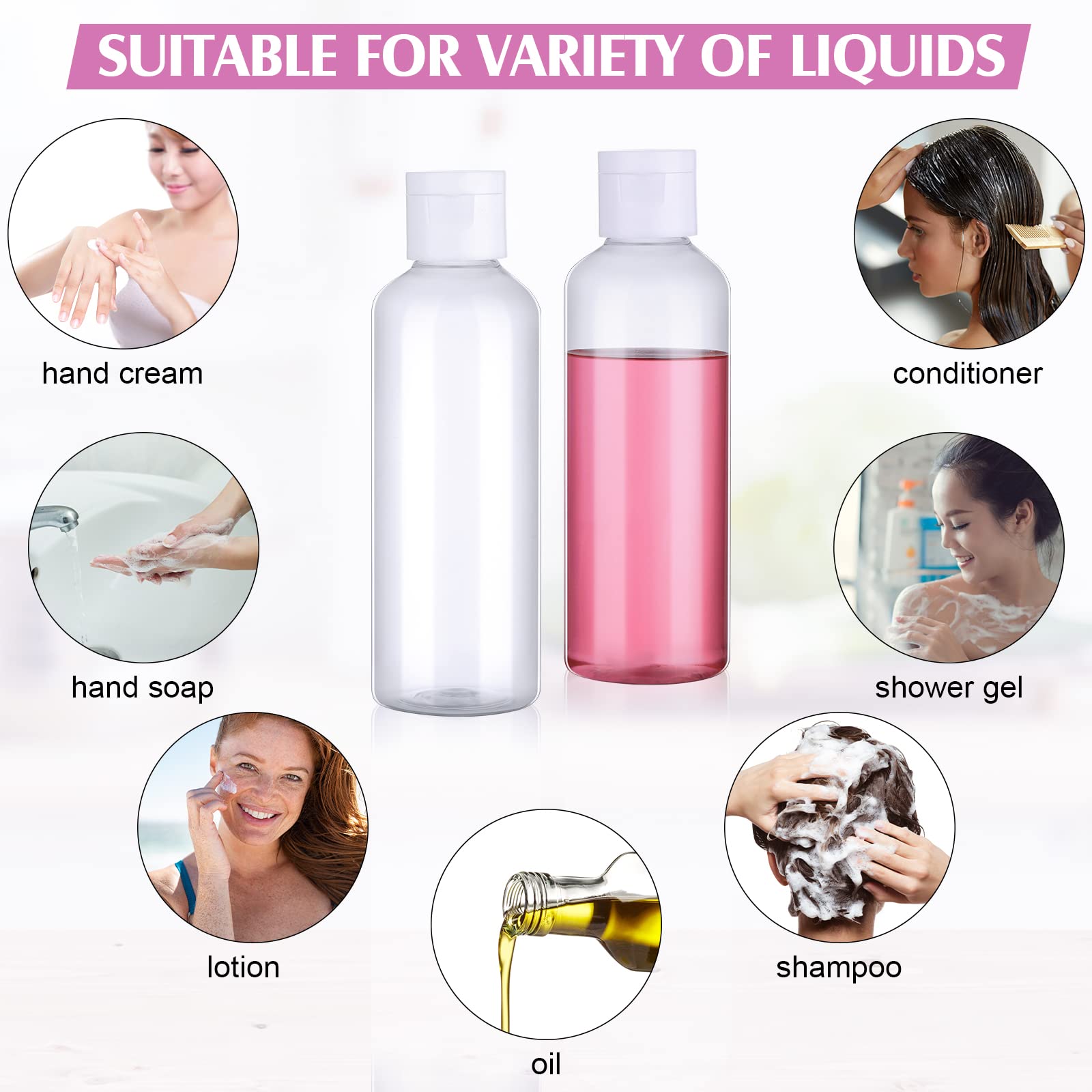 50 Piece 3.4 oz Travel Bottles with Flip Cap Clear Plastic Empty Bottles Refillable Flip Cover Dispensing Squeeze Bottles with 2 Funnels Portable Refillable Containers for Travel Size Liquid Cosmetics