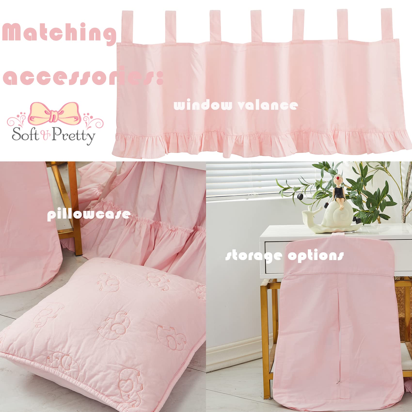 Brandream Crib Bedding Set for Girls Nursery Bedding with Elephant Embroidered Cotton Chic Pink Baby Girl Bedding Crib Set, 6 Pieces