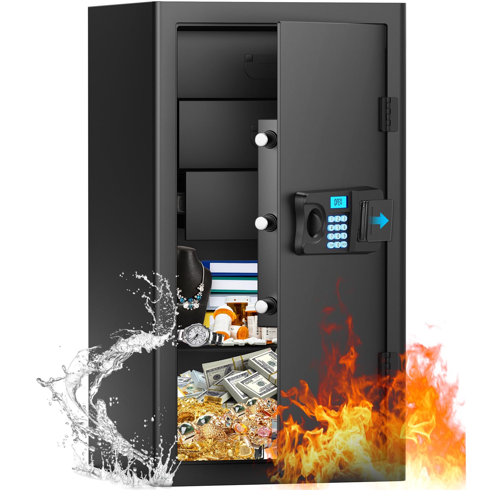 6.0 Cubic Large Home Safes Water and Fireproof, Anti-theft Document Safe Box with Removable Drawer & Shelf, Digital Fire Proof Safe for Home Money Jewelry Valuables