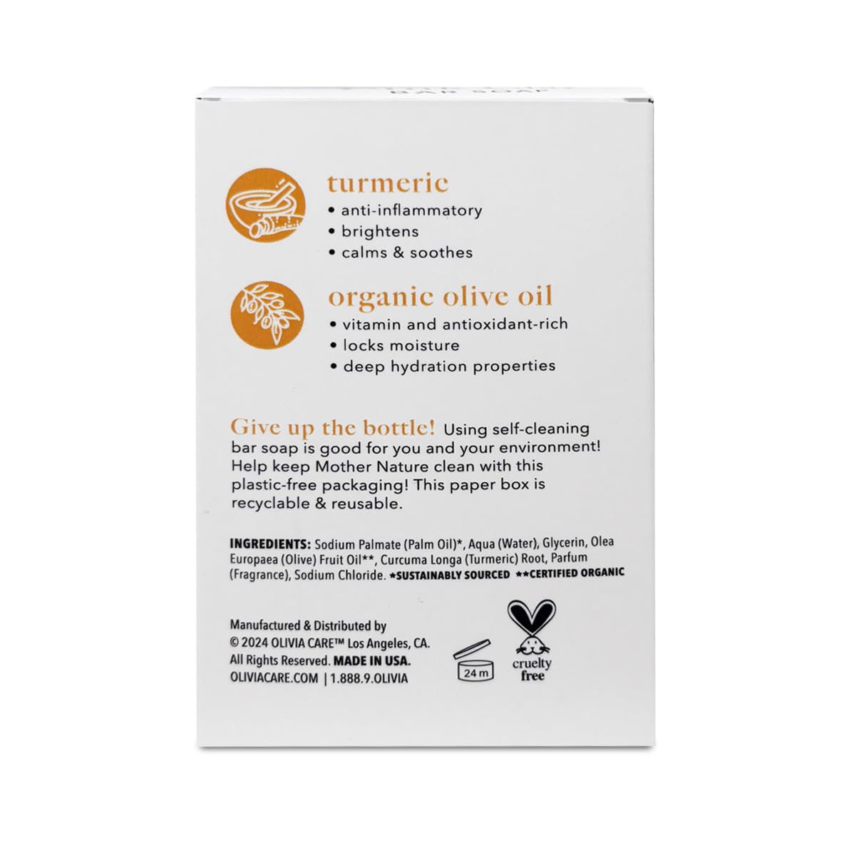 Olivia Care Turmeric Bar Soap -Natural, Vegan & Organic - For Face & Body Exfoliate, Hydrate, Moisturize & Deep Clean - Triple-Milled - Infused with Antioxidants - 8 OZ