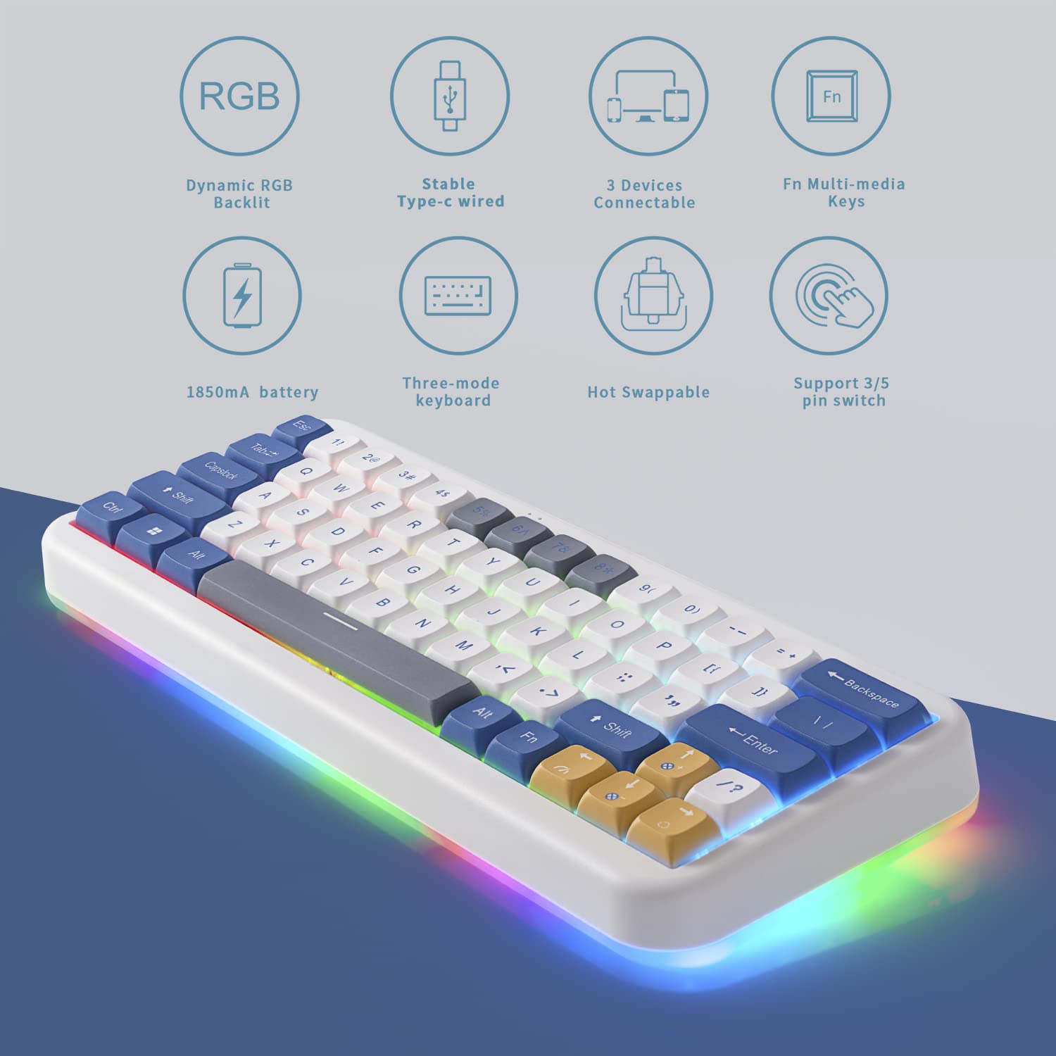 60% RGB Luminous Mechanical Keyboard, PBT Dye Sublimation Keycaps, 63-key Hot Swappable 3-pin/5-pin Switch, Programmable Tri-Mode Bluetooth 5.0/USB-C Wired/2.4GHz Wireless DIY Mechanical Keyboard
