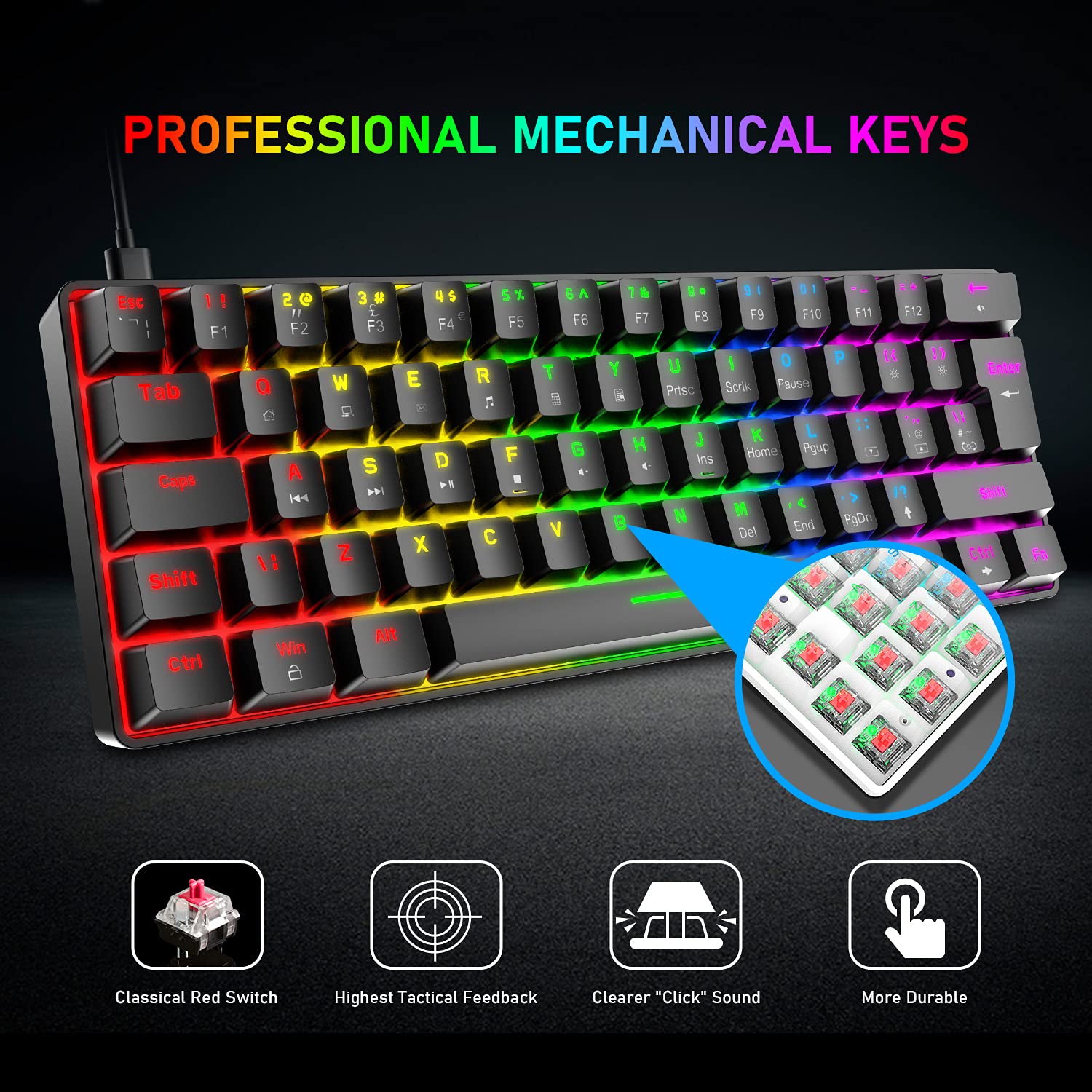 60% True Mechanical Gaming Keyboard Ultra-compact with 20 Rainbow Backlit Type C Wired Programmable 62 Keys Tactile Blue Switch Waterproof Non-Conflict and Gaming Mouse Pad for PC/Laptop/PS5(Blue)