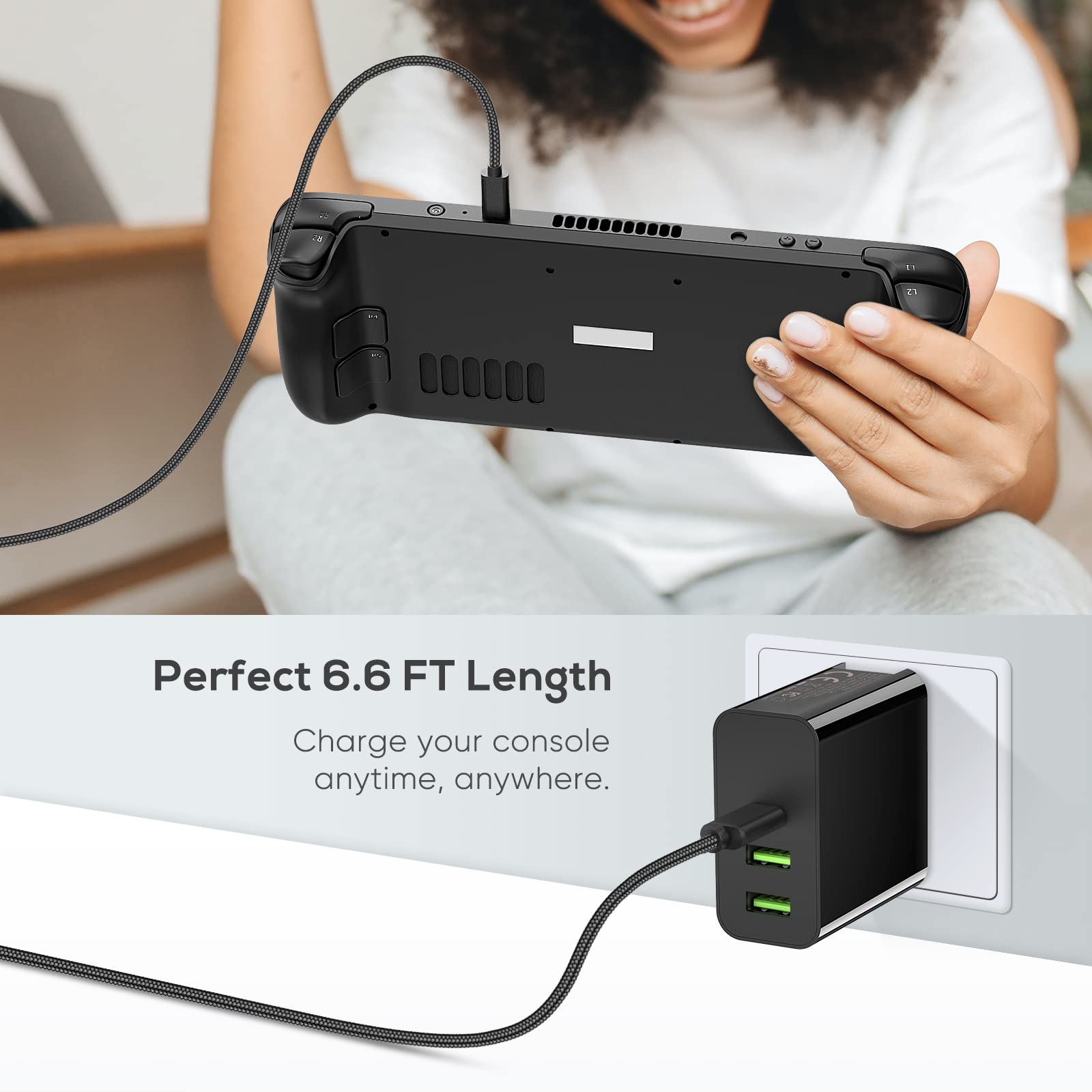 65W USB C Charger for Steam Deck,MENEEA Foldable Power Adapter 3 Port Fast Wall Charger & 6.6ft USB C Charging Cable Cord & US/UK/EU/AU Plug for Travel, Accessories for Steam Deck/Phone/Tablet/Laptop