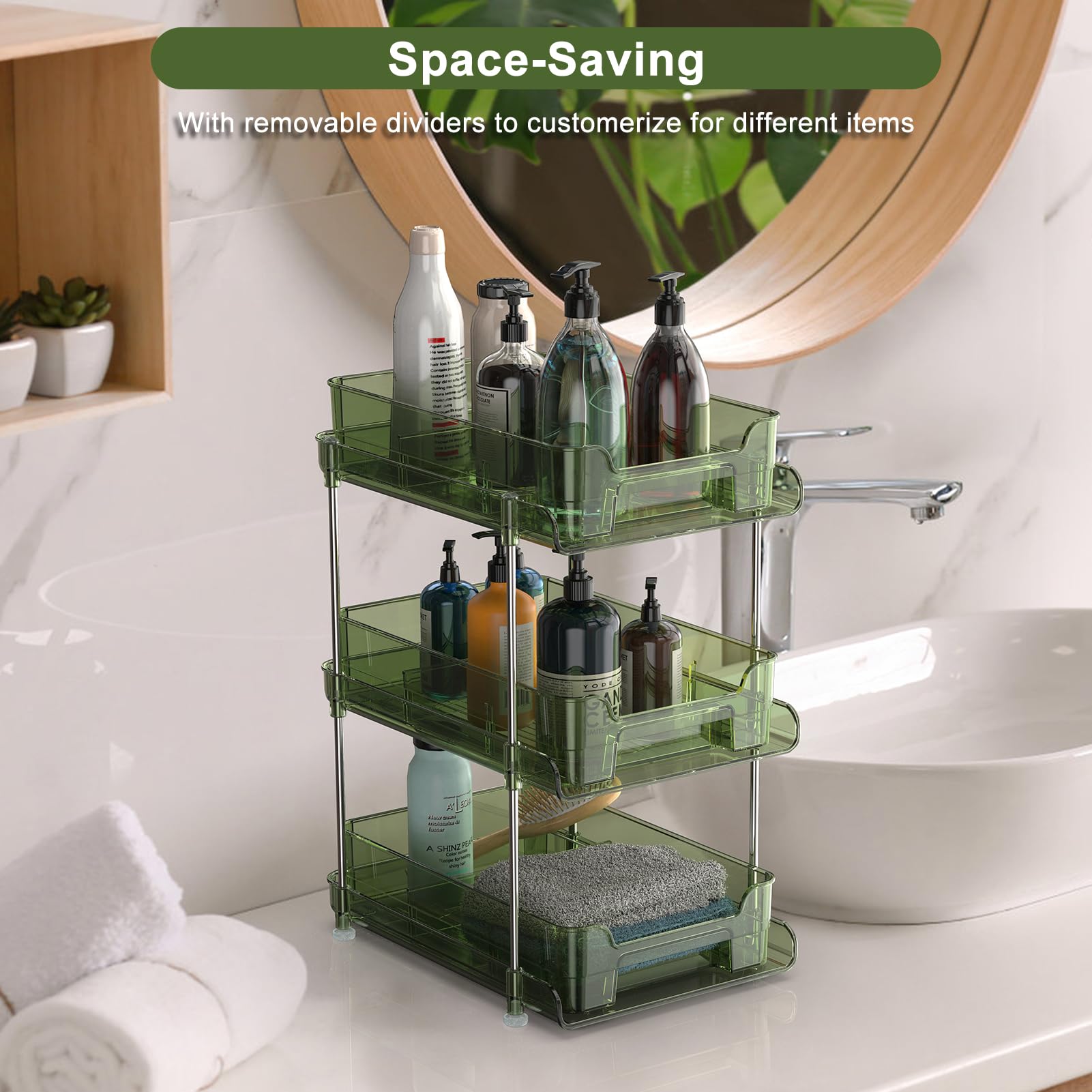 NPET 3 Tier Clear Green Organizer with Dividers for Bathroom, Sliding Cabinet Under Sink Organizer Kitchen, Pull Out Under Cabinet Organizer Storage Container for Pantry, Vanity, Medicine, Counter