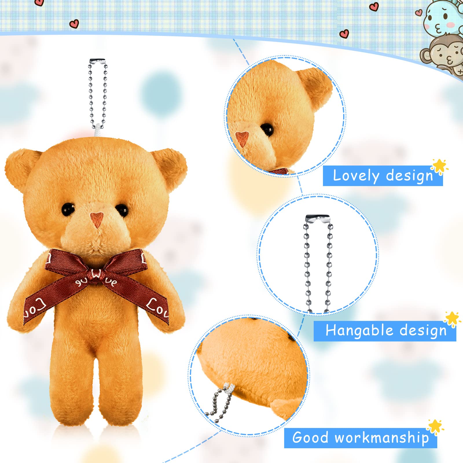 Chivao 12 Pieces Joint Mini Bears Toy Plush Bear Baby Shower Decorations Stuffed Animals Soft Tiny Bears Doll Small for Birthday Cake Wedding Ornaments Keychain DIY Accessory (Boy Bow Style)