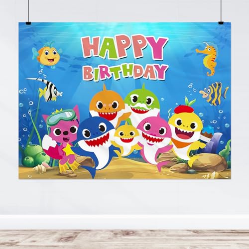 5X3 FT Shark Birthday Party Backdrop for Kids, Cartoon Birthday Party Photo Background for Baby Shower Party Decoration Boys Girls Birthday Photography Backdrop (5X3 FT-A)