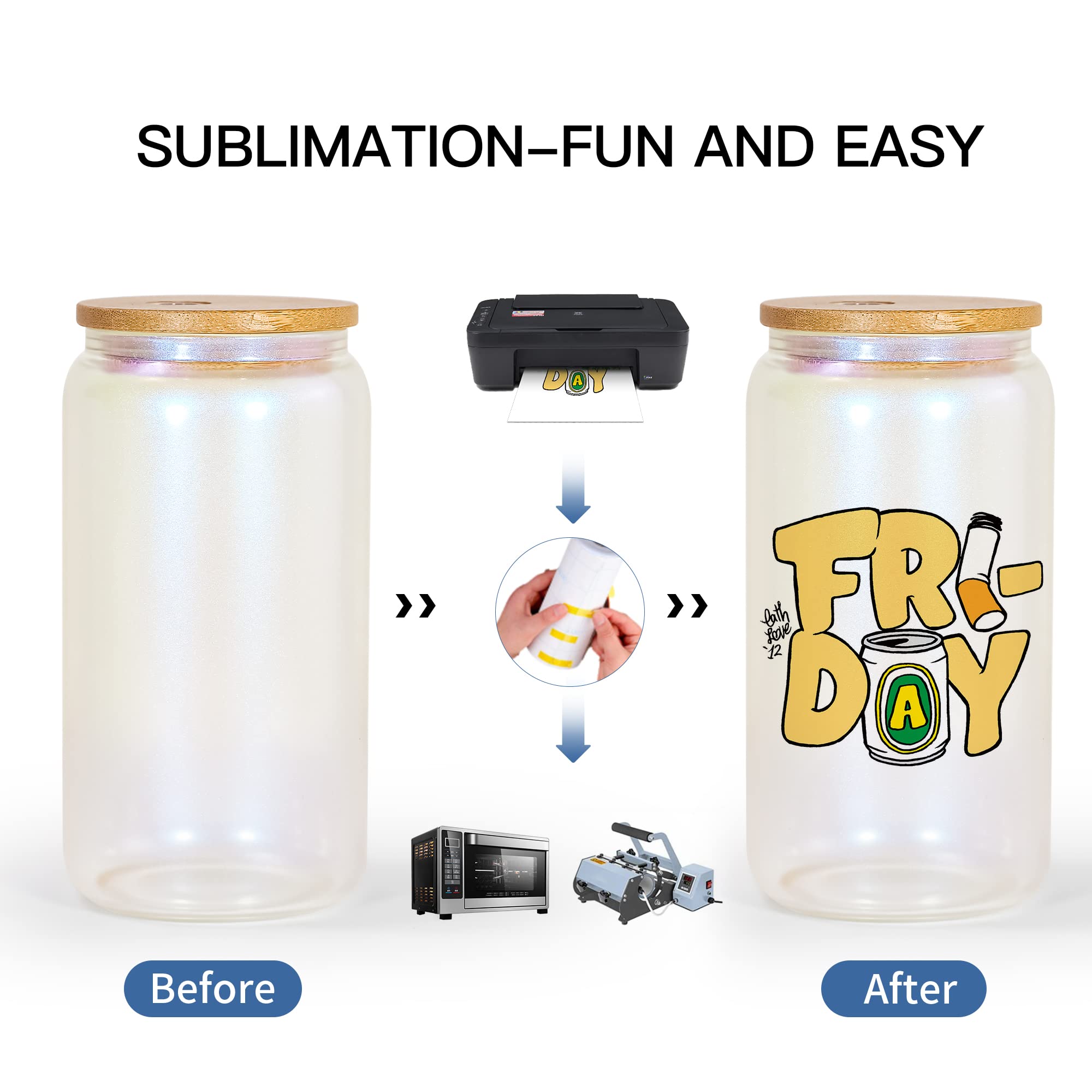 AGH 16OZ Sublimation Glass Blanks with Bamboo Lid and Plastic Straws, 12 Pack Transparent Chameleon Glasses Tumbler Mason Jar Cups for Iced Coffee, Juice, Soda, Drinks