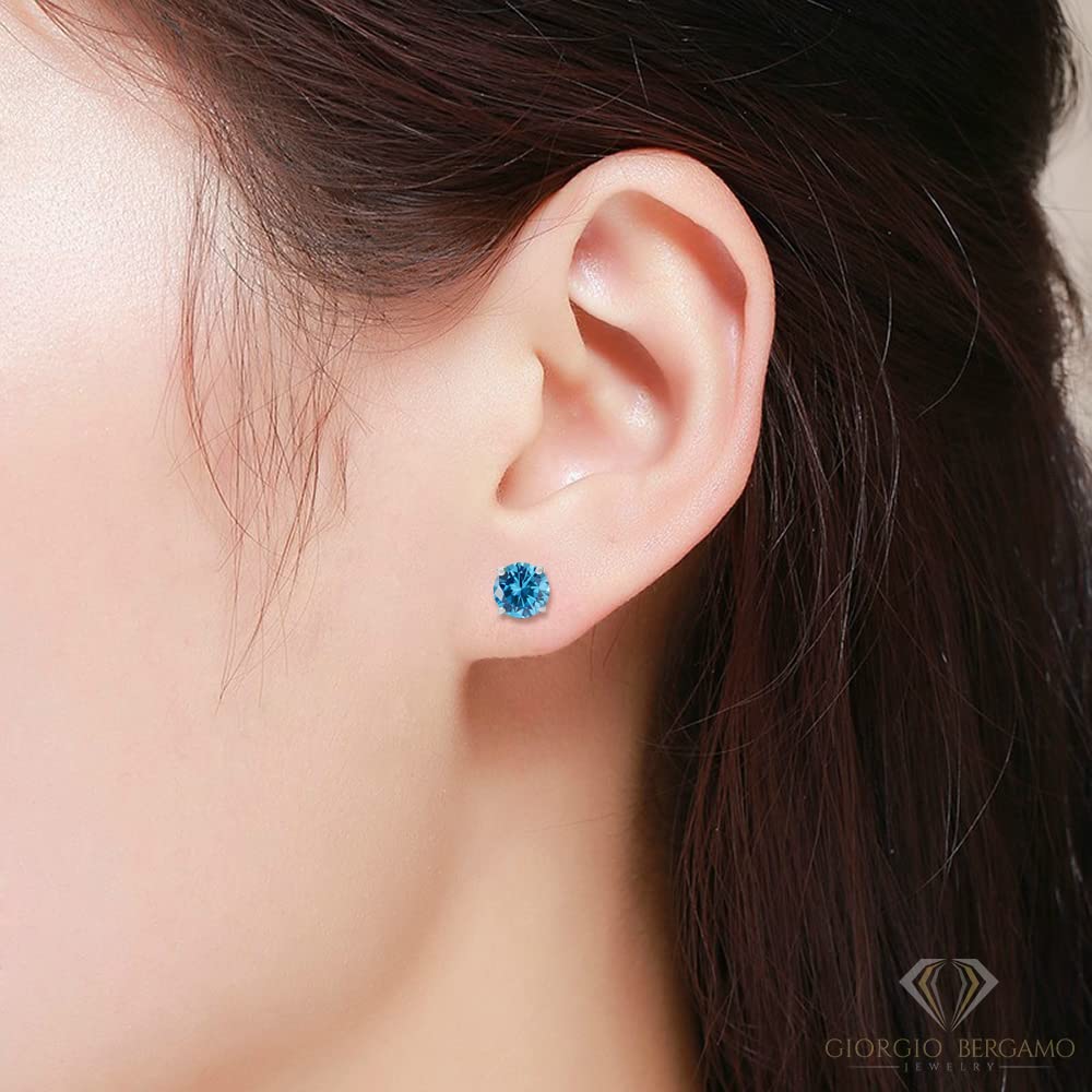 925 Sterling Silver 6mm Round 2.00 ct Genuine Gemstone Birthstone Stud Earrings, Giorgio Bergamo (Aquamarine)