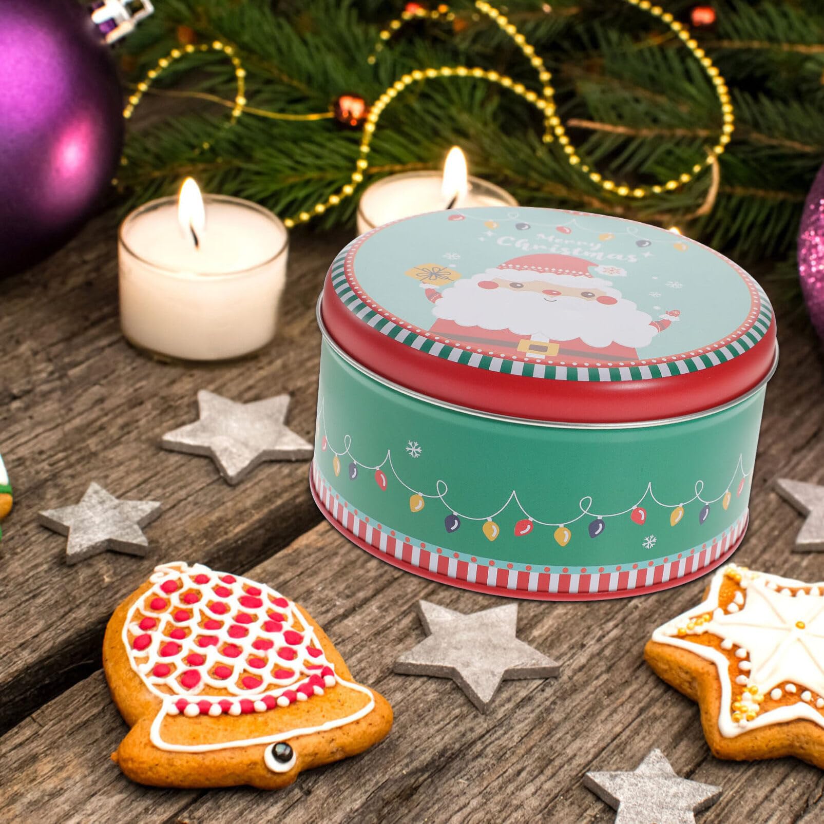 4pcs Round Christmas Cookie Tins- Metal Cookie Tins with Lids for Giving- Decorative Christmas Storage Containers for Storing Candies Biscuits Treat Small and More