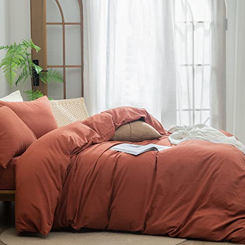 BESTOUCH Duvet Cover Set 100% Washed Cotton Linen Feel Super Soft Comfortable Chic Lightweight 3 PCs Home Bedding Set Crimson Red Queen