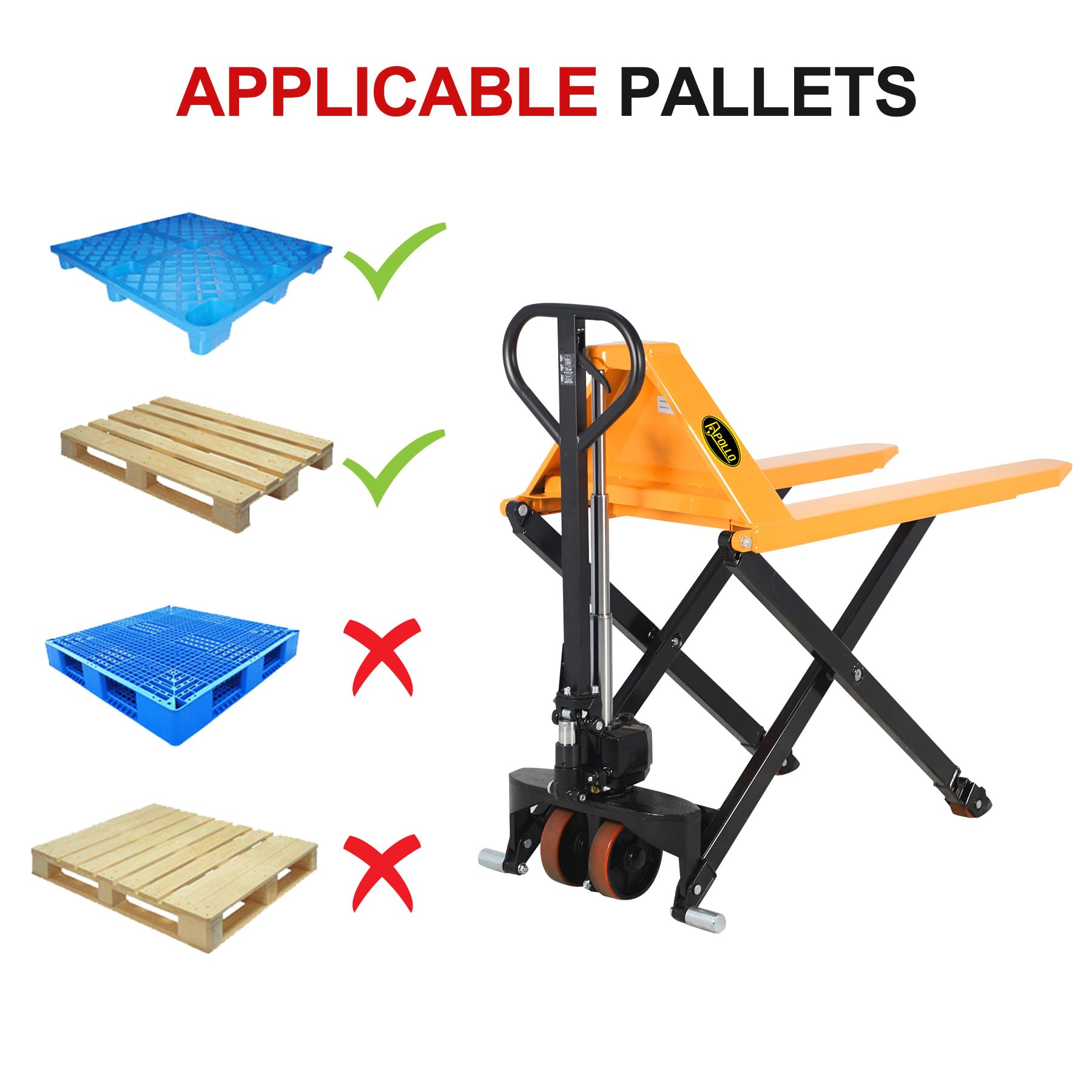 APOLLO Manual Scissor Pallet Jack High Lift Hand Truck 2200lbs Capacity 45" Lx21 W Fork Size for Material Handling Only Suitable for EU Pallets