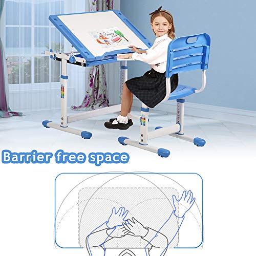 Kids Desk and Chair Set Adjustable Height Ergonomic Children's Table with Storage Drawer Kids Study Homework Desk Table for 3-15 Kids (Blue)