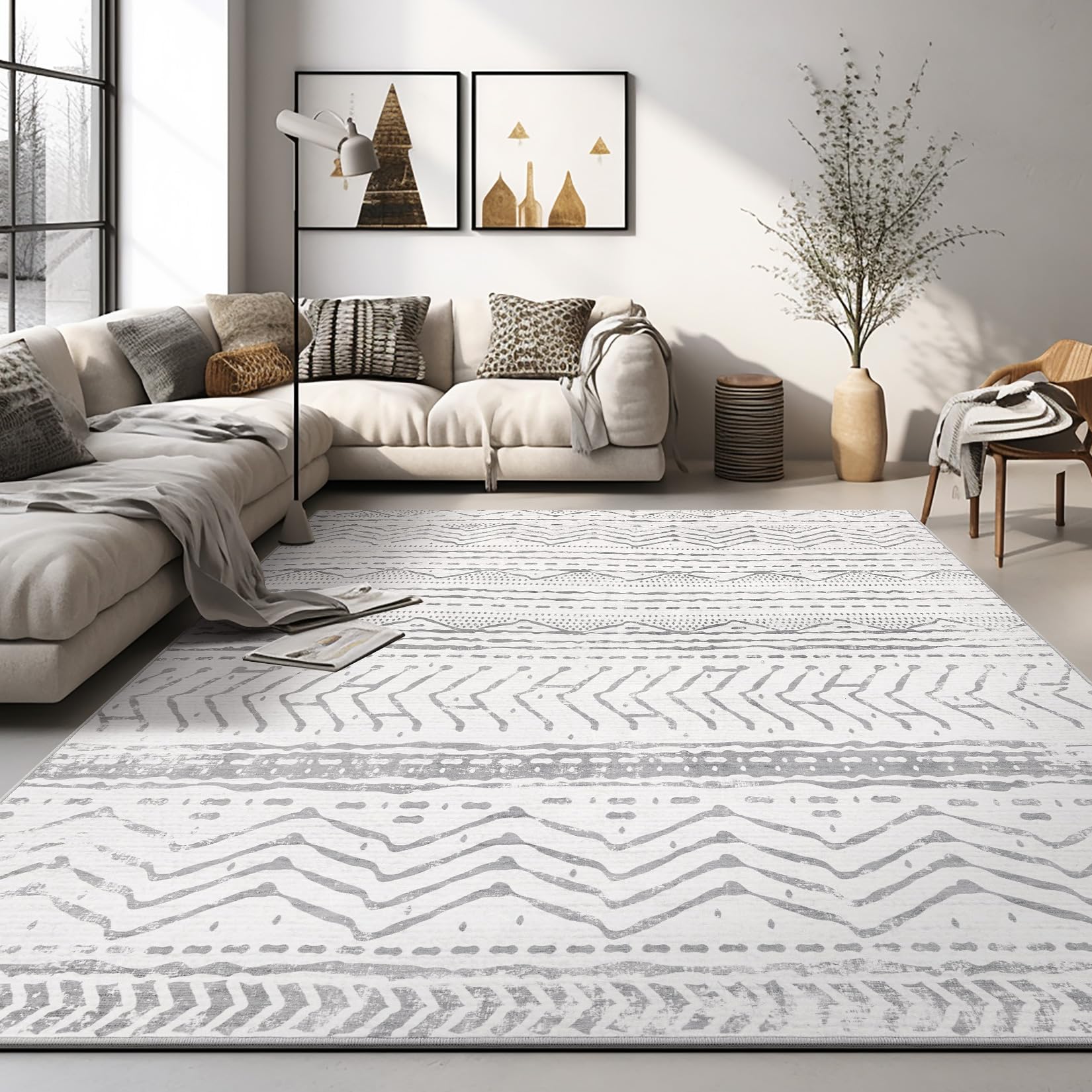 5x7 Area Rug Living Room Rugs: Large Soft Machine Washable Boho Moroccan Farmhouse Neutral Stain Resistant Indoor Floor Rug Carpet for Bedroom Under Dining Table Home Office House Decor - Grey White