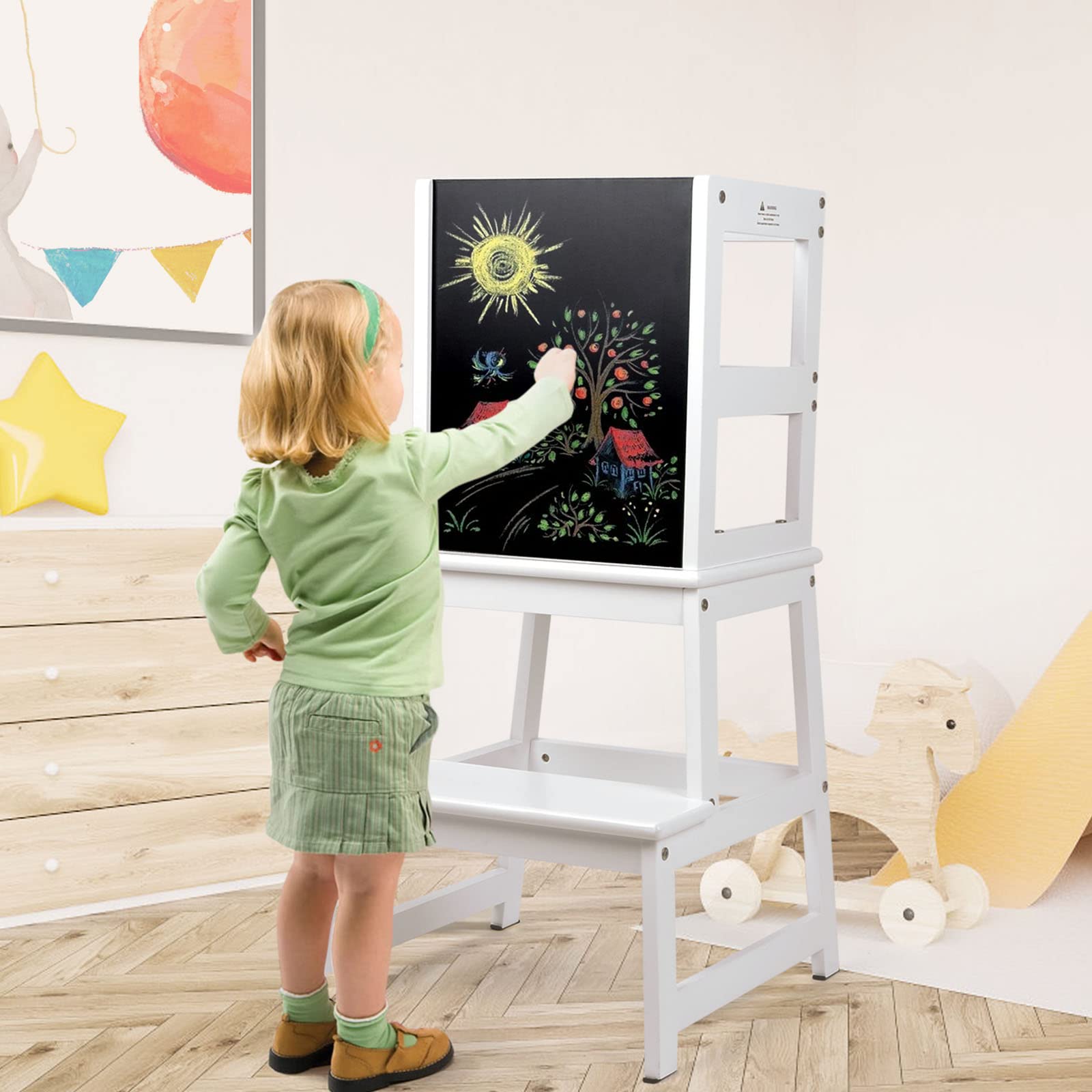Kids Kitchen Step Stool with Chalkboard & Safety Rail for Toddlers 18 Months and Older, Safety Anti-Slip Protection, Removable Step Stool for Adult Use, White