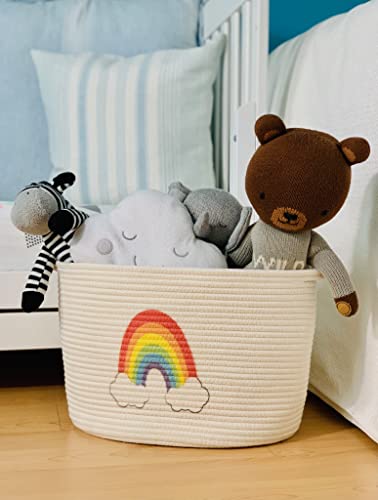 Cute Rainbow Nursery Laundry Basket/ Baby Hamper for Nursery/ Woven Laundry Basket/ Cotton Rope Basket/ Nursery Hamper for Baby Toys Storage Kids Books Blankets Clothes Pets/ Bin Containers Décor /Baby Shower Easter Gift/Large-11"H x 17.7"W x 13.4"L