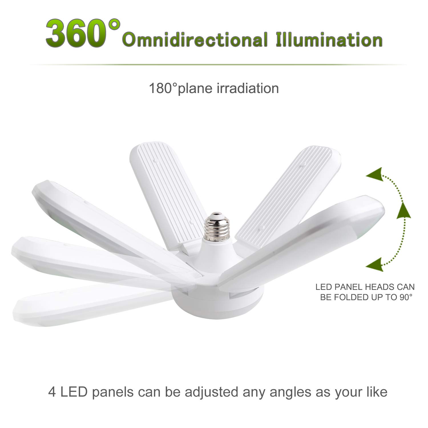 60W Deformable LED Garage Light with 4 Adjustable Light Panels & 1 Light Center, E26 Base with Extender 6000K Daylight White, 6000LM LED Shop Lights for Garage Warehouse Workshop Basement, 2Pack