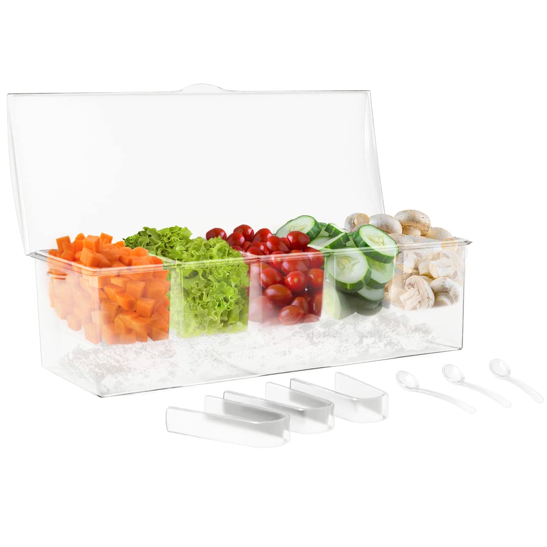 7Penn Condiment Tray with Ice Chamber, 5 Condiment Containers, Lid, 3 Tongs, 3 Spoons - Chilled Condiment Server Caddy