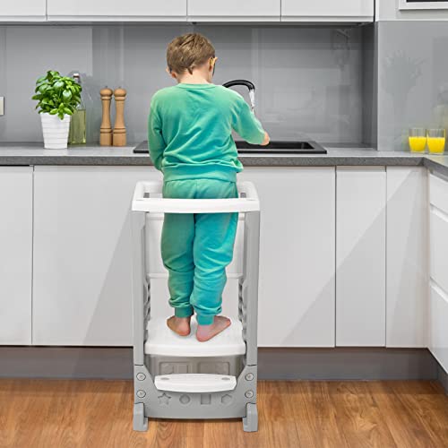 Kids Kitchen Step Stool with Whiteboard, Toddler Tower with 4 Adjustable Heights & Safety Rail, Learning Tower Toddler Step Stool Helper for Bathroom Sink Kitchen Counter, 1-6 Year Old Boy Girl Child
