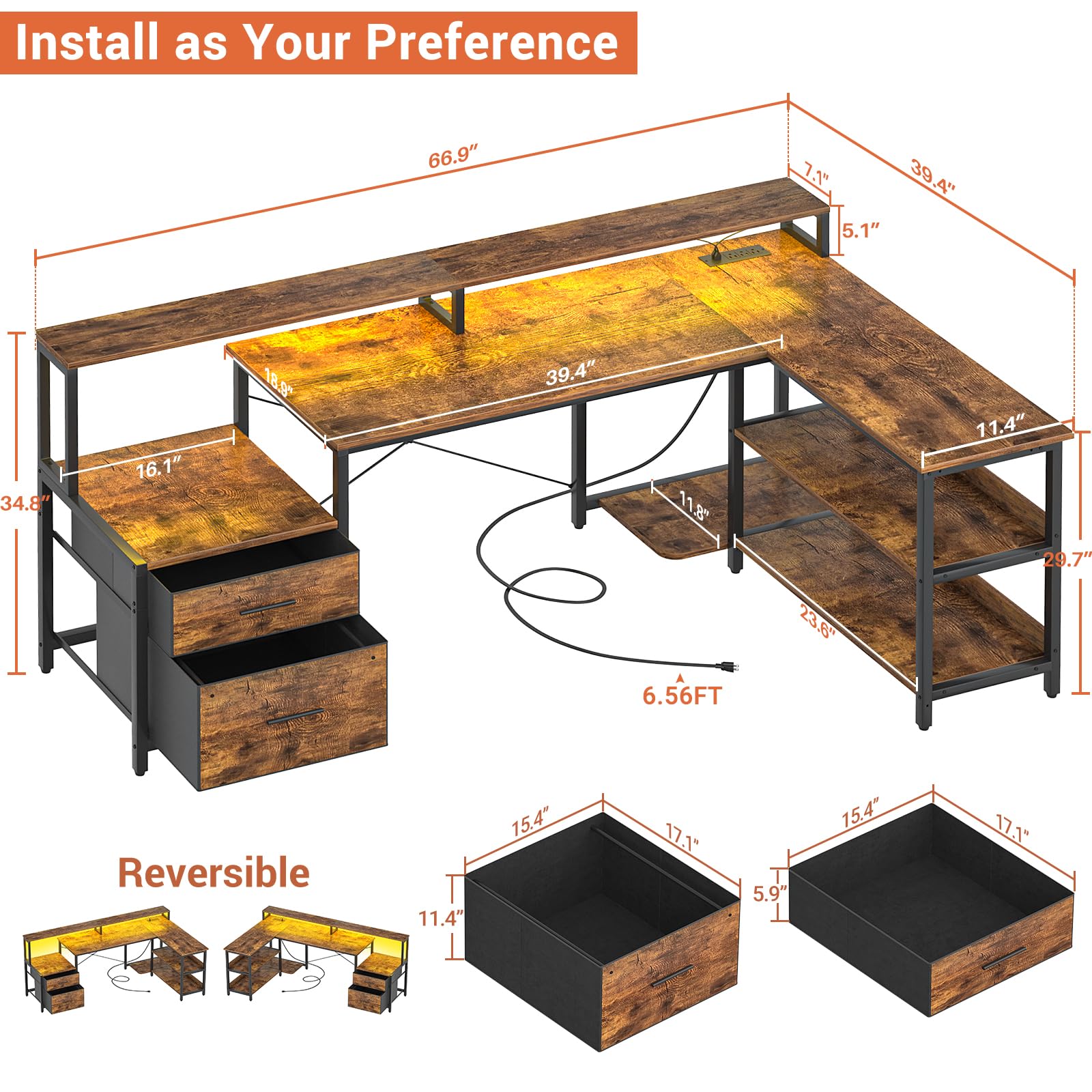 Aheaplus L Shaped Desk with File Drawer, 72.8" Reversible L Shaped Computer Desk with Power Outlet & LED Strip, Gaming Desk with Monitor Stand, Office Desk Corner Desk with Storage Shelf, Rustic Brown