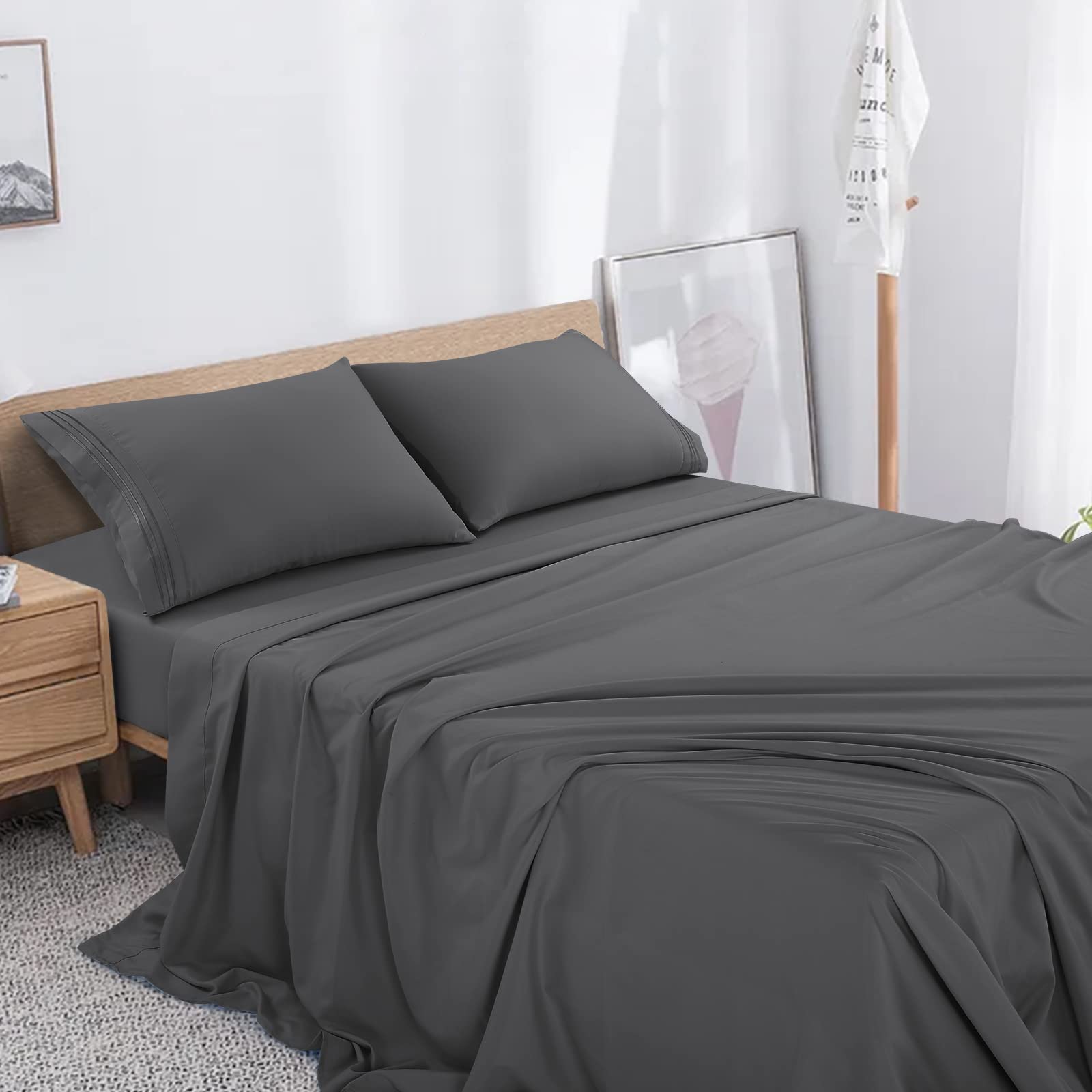 600 Thread Count 100% Cotton Sheets for Queen Size Bed，Queen Cotton Sheet Set Breathable-Soft, 4 Pcs Pure Natural Organic Long-Staple Cotton Bed Sheets, Smoother Than Egyptian Cotton, Dark Grey