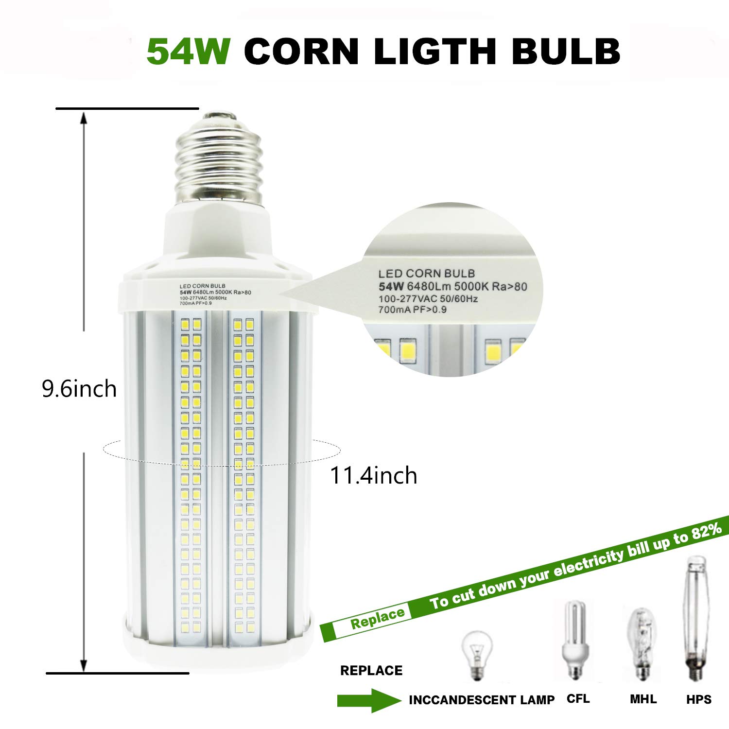 54W LED Corn Light Bulb Super Bright(400 Watt Equivalent 7020 Lumens 5000K E40 Large Mogul Base Large Area Cool Daylight White for Indoor Garage Warehouse High Bay Barn Parking Lot Patio