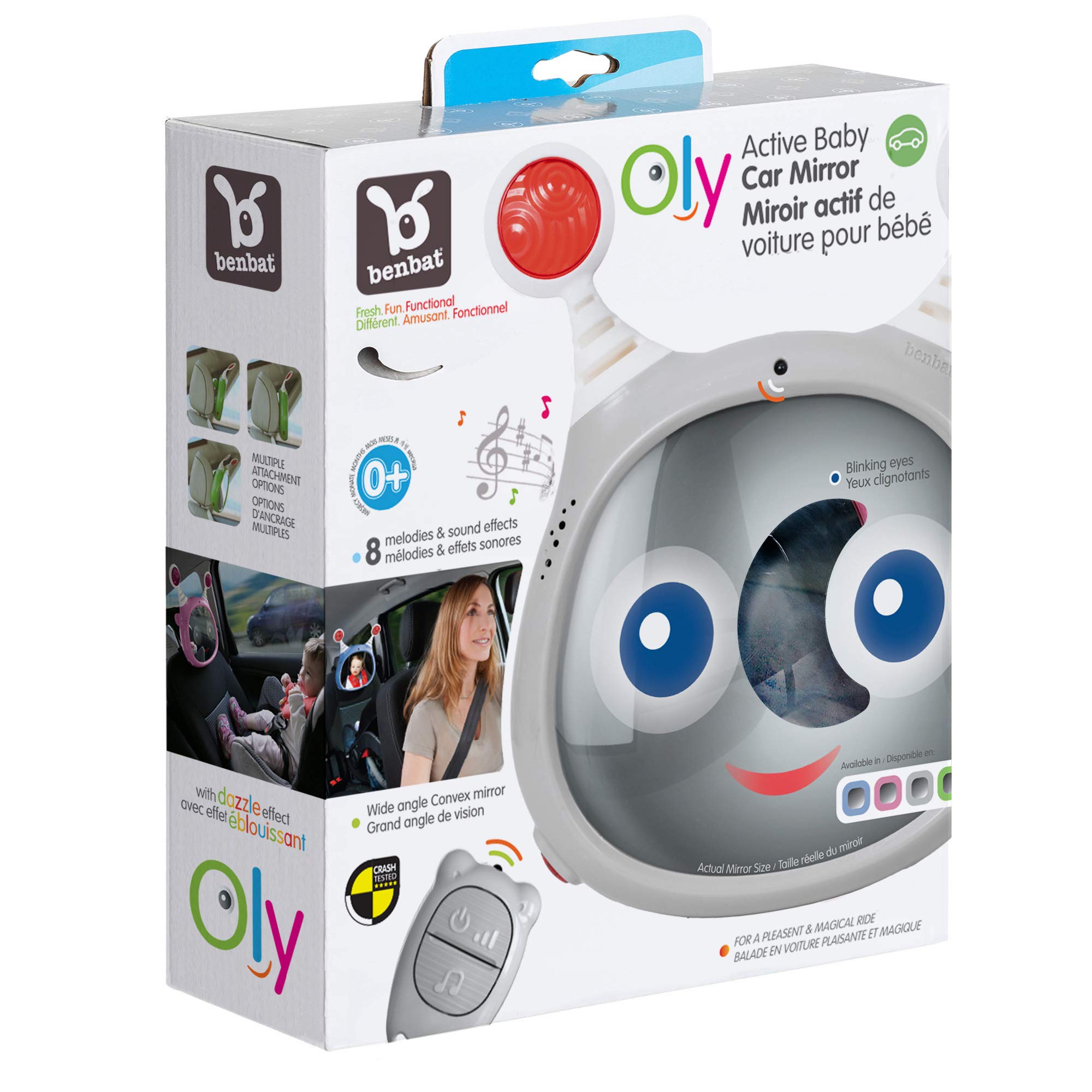 Oly Active Baby Car Mirror β Shatter-Proof Rear Facing Infant Mirror Entertains, Soothes, and Keeps Baby Visible β 10 x 11.7 x 3.1 In. Adjustable Headrest Mirror with Remote Control by Benbat, Gray