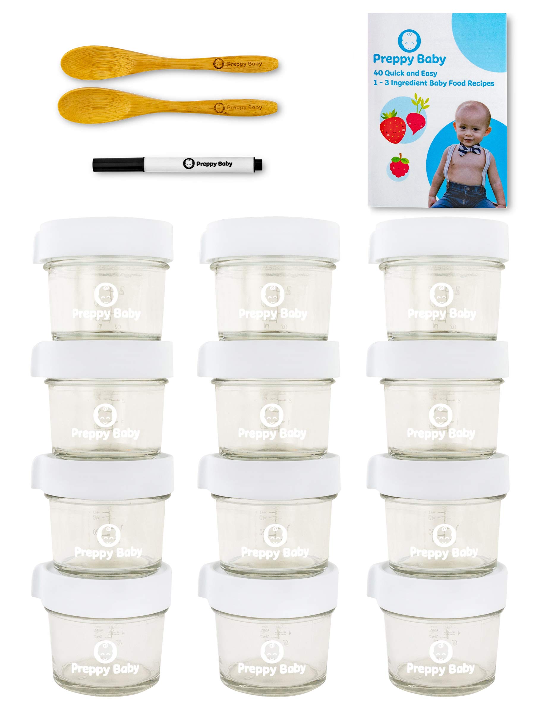 PreppyBaby 4 oz Glass Baby Food Storage Containers with Lids - Pack of 12 Reusable Dishwasher & Microwave Safe Food Jars w/ 2 Bamboo Infant Spoons, Recipe Booklet & Non-toxic Easy Erase Marker (White)