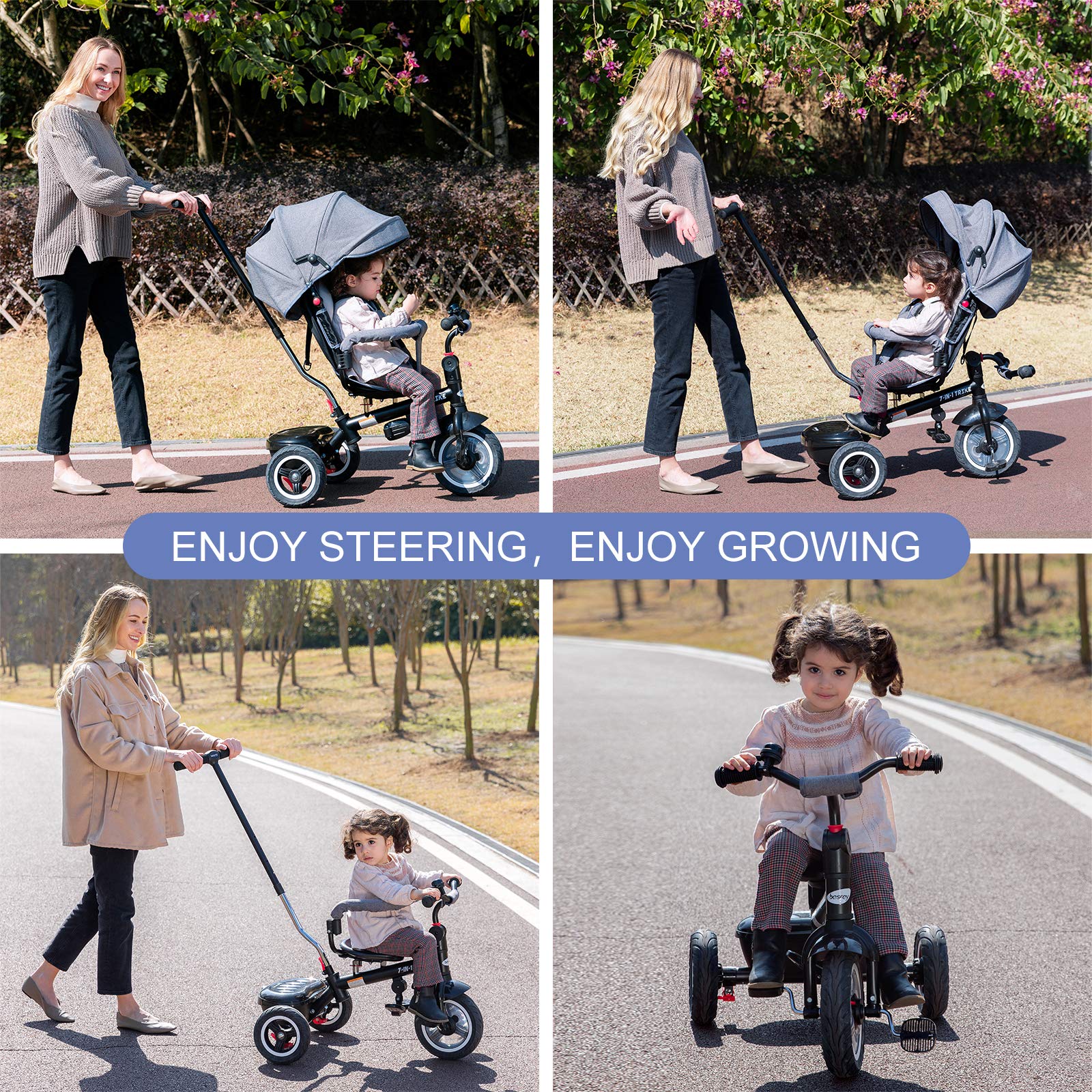 besrey Toddler Tricycle with Push Handle, Tricycle for toddlers 1-3, Baby Tricycle, Kids Tricycle, Tricycle Stroller with Push Handle, Trike for Toddlers, All Terrain Rubber Wheel, 360° Swivel Seat