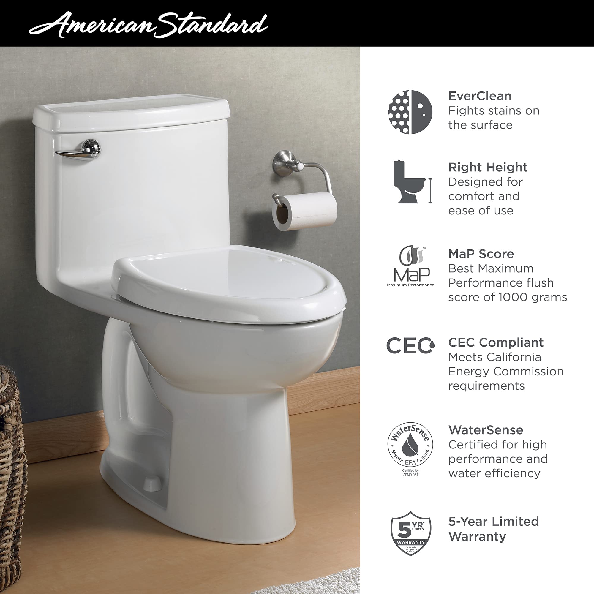 American Standard 612AA001.020 Compact Cadet 3, One-Piece Toilet with Slow-Close Seat and Wax Ring, Elongated Front, Left-Hand Flush, White, 1.28 gpf