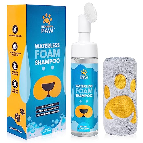 Be Happy Paw Dog Paw Cleaner 6.8fl oz No-Rinse Waterless Shampoo Foam Paw Cleanser with Silicone Brush and Microfiber Towel, Natural Pet Paw Cleaner for Dogs and Cats