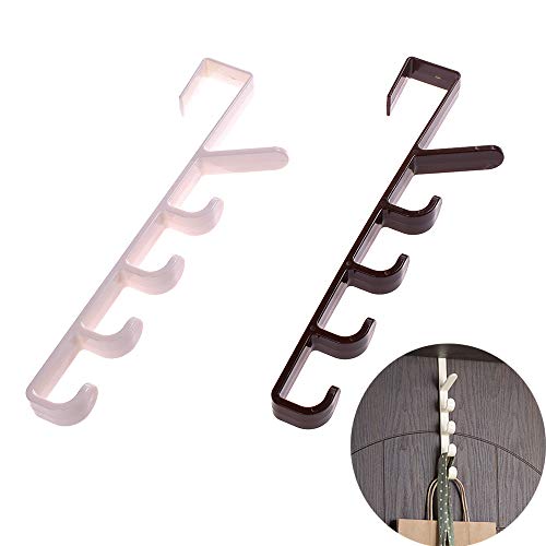 NUOMI Set of 2 Over The Door Hooks 5 Hangers Plastic Hanging Racks Organizer for Clothes, Coat, Bags, Umbrella, Hats, Brown and White