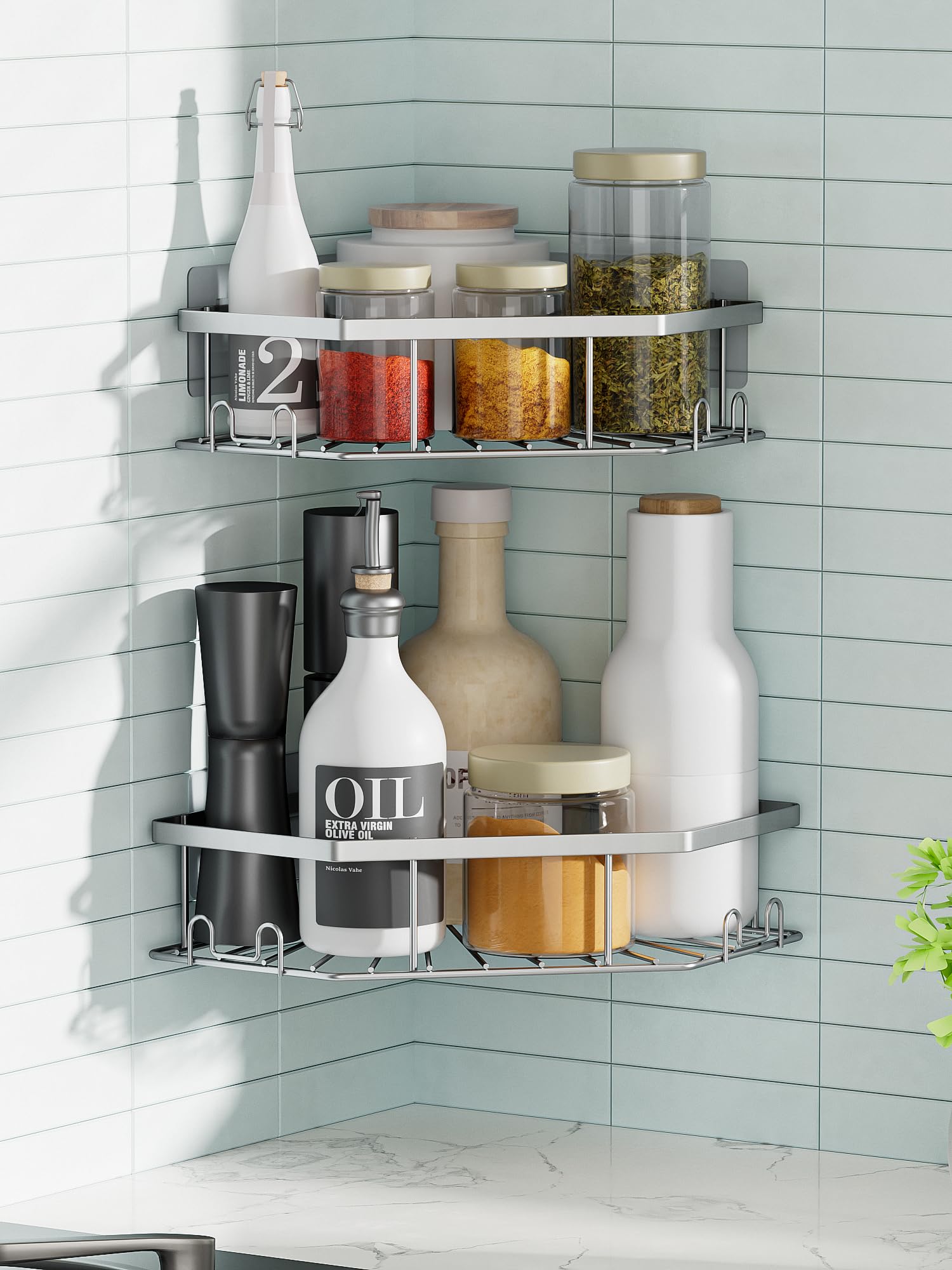 Elbourn Corner Shower Caddy, 2 Pack Stainless Steel Bathroom Shower Shelves with Strong Adhesive, Shampoo Organizer and Storage, Silver