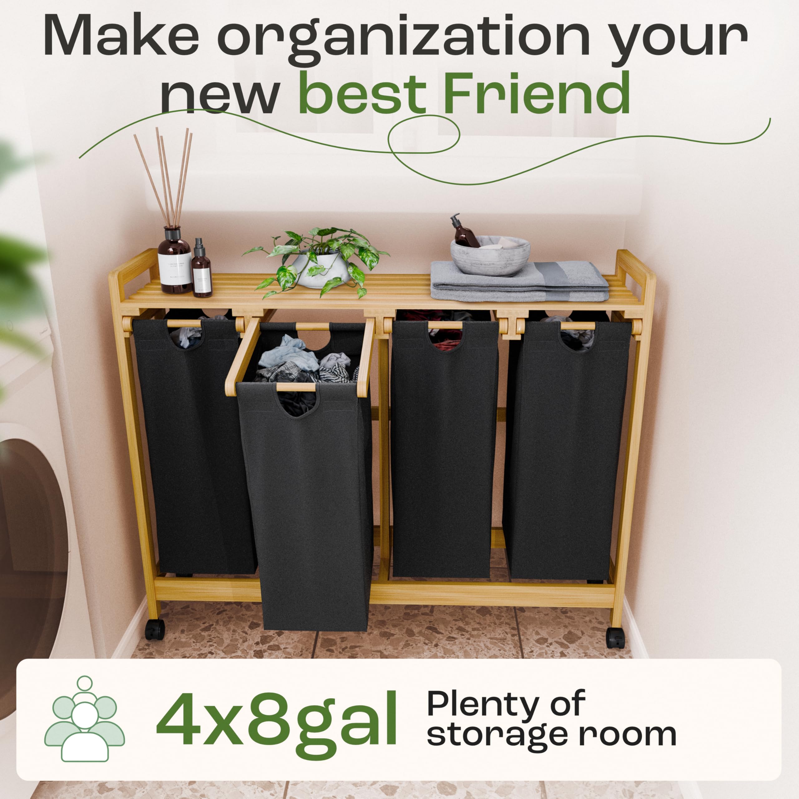 AMBIAVO Laundry Sorter with 4 Sections beige, Laundry Hamper with Removable Cotton Bags & Wheels โ Perfect Laundry Organizer - Eco-Friendly Rolling Laundry Basket โ Durable Bamboo and Stylish Design