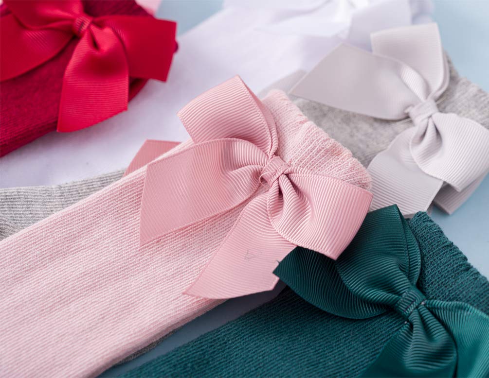 Maorrew 2 Pack Baby Girls Knee High Socks Bow Long Stockings Infants Toddlers Cotton Ruffled Uniform Leggings White 2 Pack 3-5T