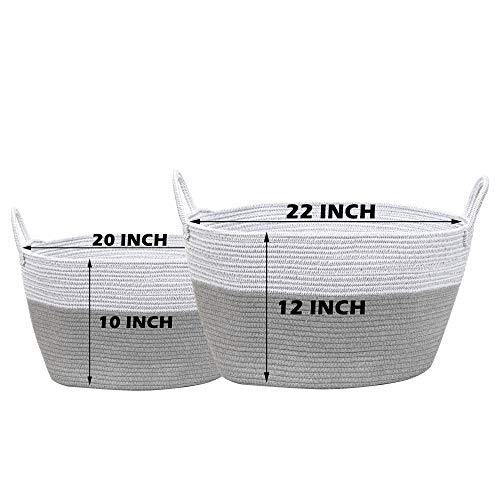 JEKOSEN (Set of 2, 22''x12'' & 20''x10'') Laundry Basket Cotton Rope Basket Woven Storage for Toys Blankets Towels Cushions with Handle Living Room Laundry Hamper Grey