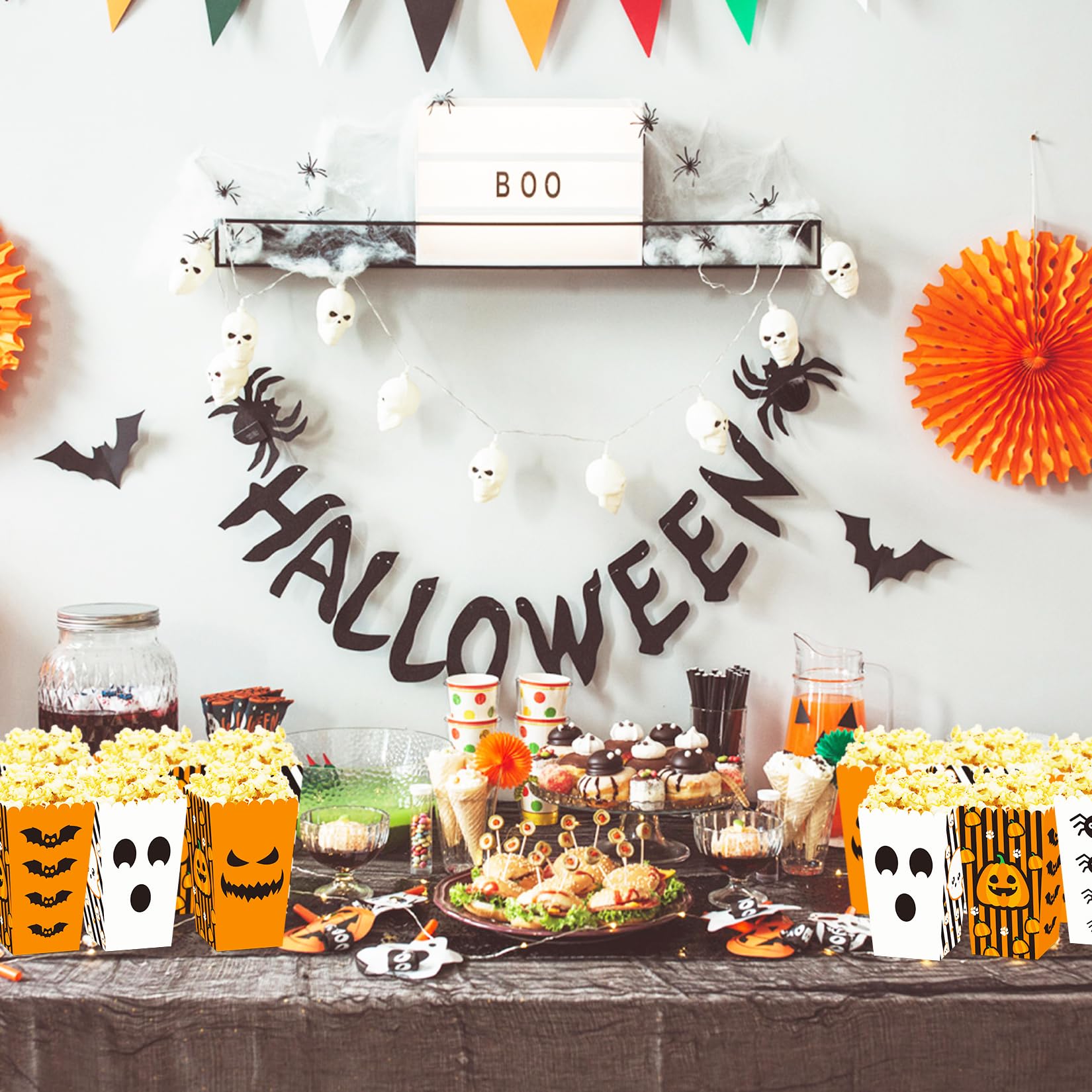 KOWLOON 24PCS Popcorn Paper Boxes Halloween Popcorn Boxes,Ghost Bat Disposable Popcorn Containers for Halloween Party Favor,Pumpkin Snack Treat Boxes Candy Cookie Container Gifts for Kids