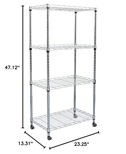 Mind Reader Alloy Collection Adjustable 4-Tier Industrial Storage Shelves with Wheels, Metal, 23.25" L x 13.5" W x 49.5" H, Silver