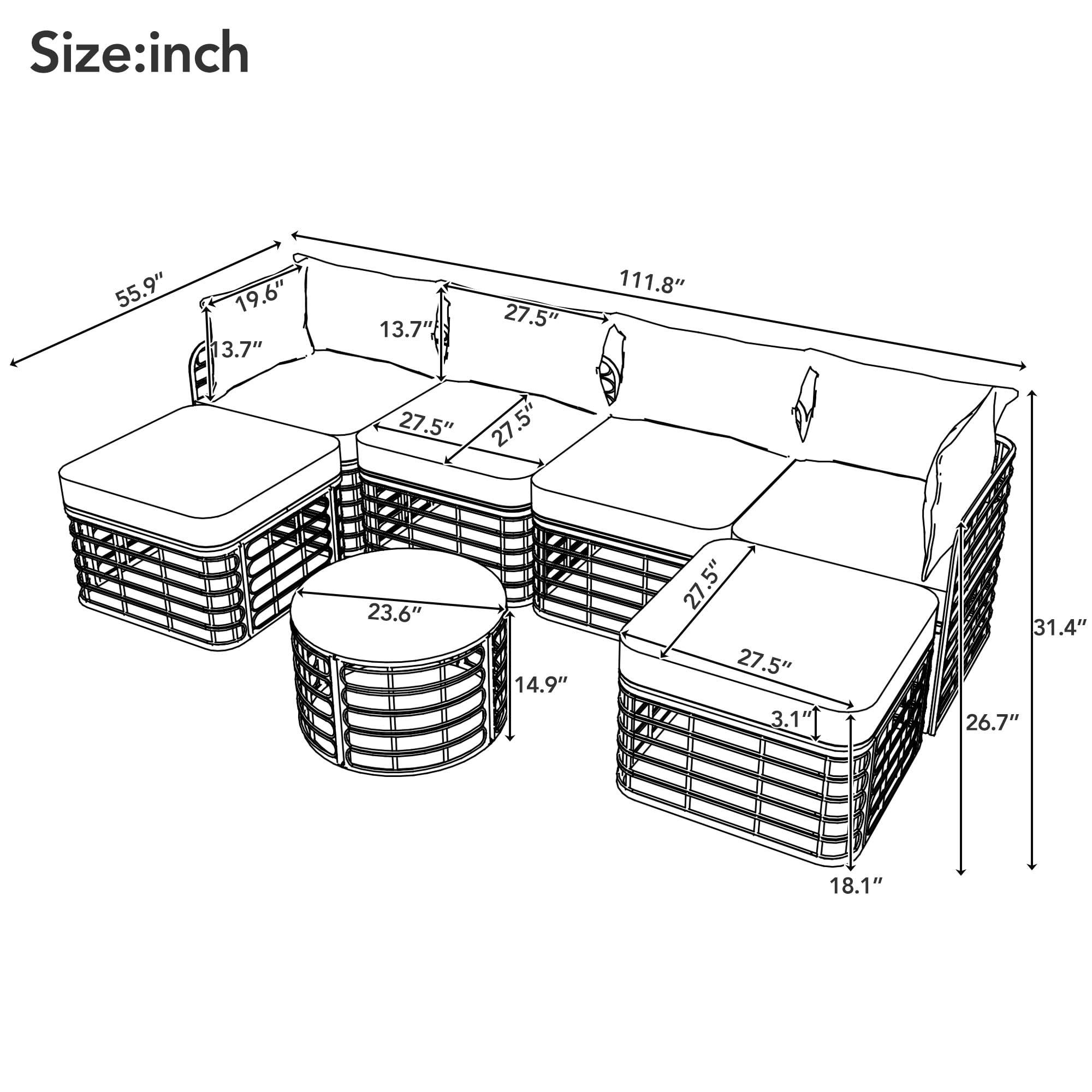 7 Pieces Outdoor Patio Furniture Sectional Sofa Set with Coffee Table, All-Weather Rattan Conversation Set with Thick Cushions and Pillows for Garden Backyard Balcony, Freely Combined (Grey-7S)