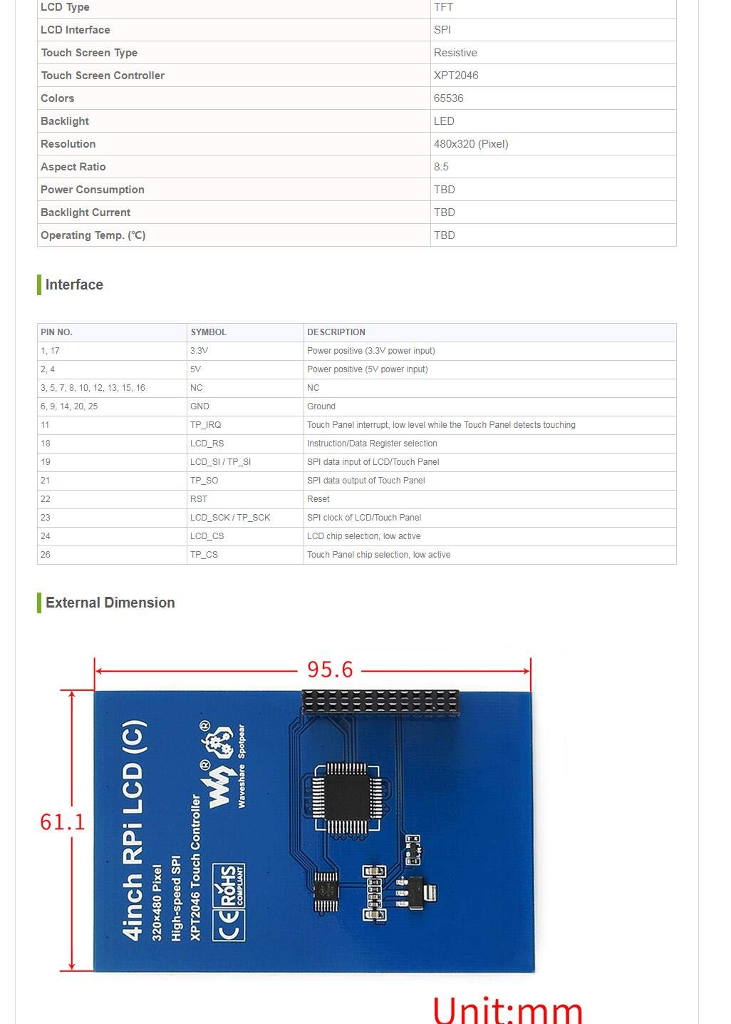 waveshare 4inch Resistive Touch Display Compatible with Raspberry Pi 4B/3B+/3B/2B/B+/A+/Zero/Zero W/WH/Zero 2W Series Boards 480×320 Resolution 125MHz High-Speed SPI