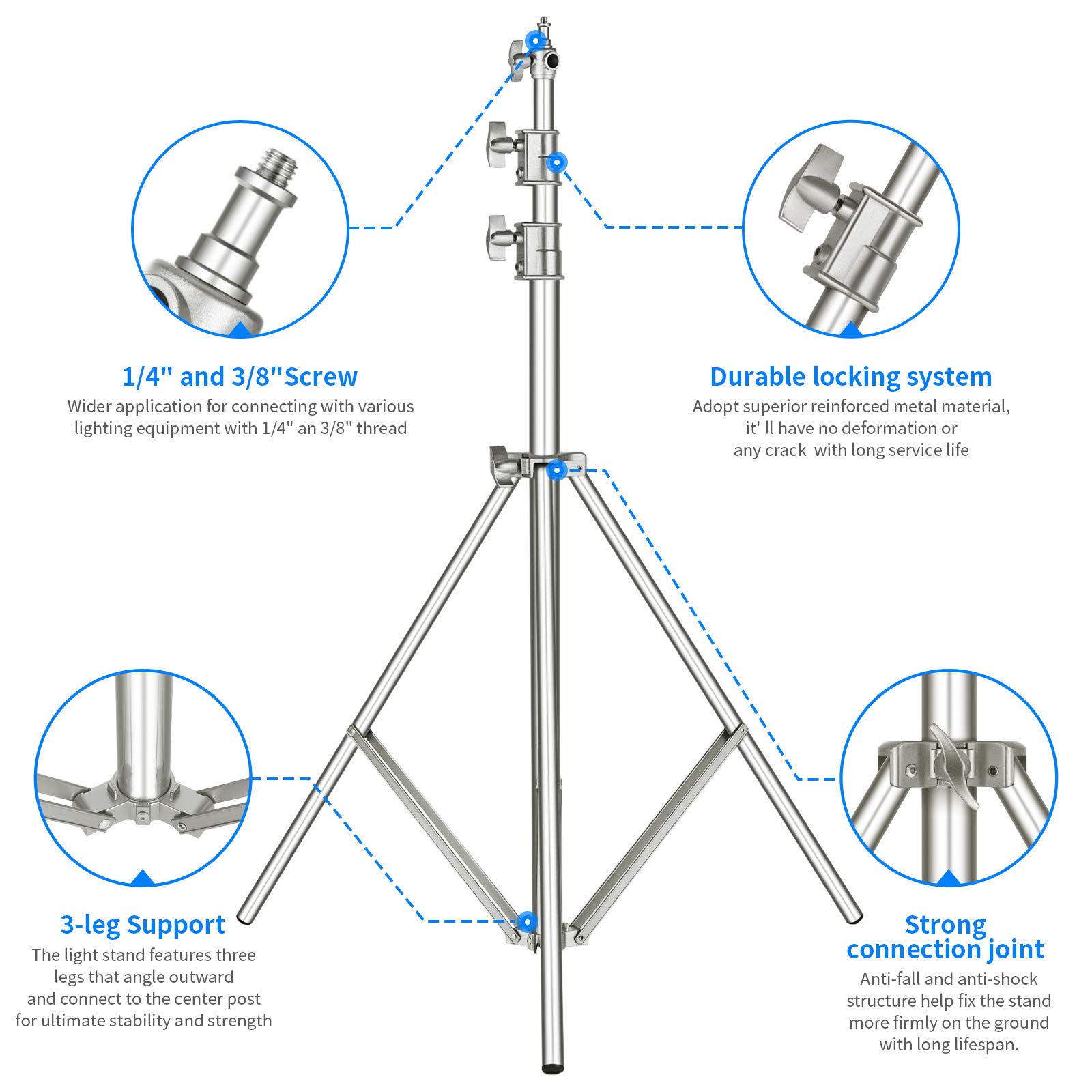 Neewer 118"/3m Stainless Steel Light Stand, Spring Cushioned Heavy Duty Photography Tripod Stand with 1/4” to 3/8” Universal Screw Adapter for Strobe, LED Video Light, Ring Light, Monolight, Softbox