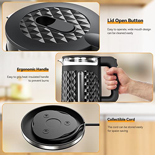 Electric Kettle, 1.7L Hot Water Kettles Upgraded One Wipe Clean Bottom, Quiet Water Boiler with LED Indicator, Glass Tea Kettles for Boiling Water, Auto Shut-Off & Boil-Dry Protection, Black