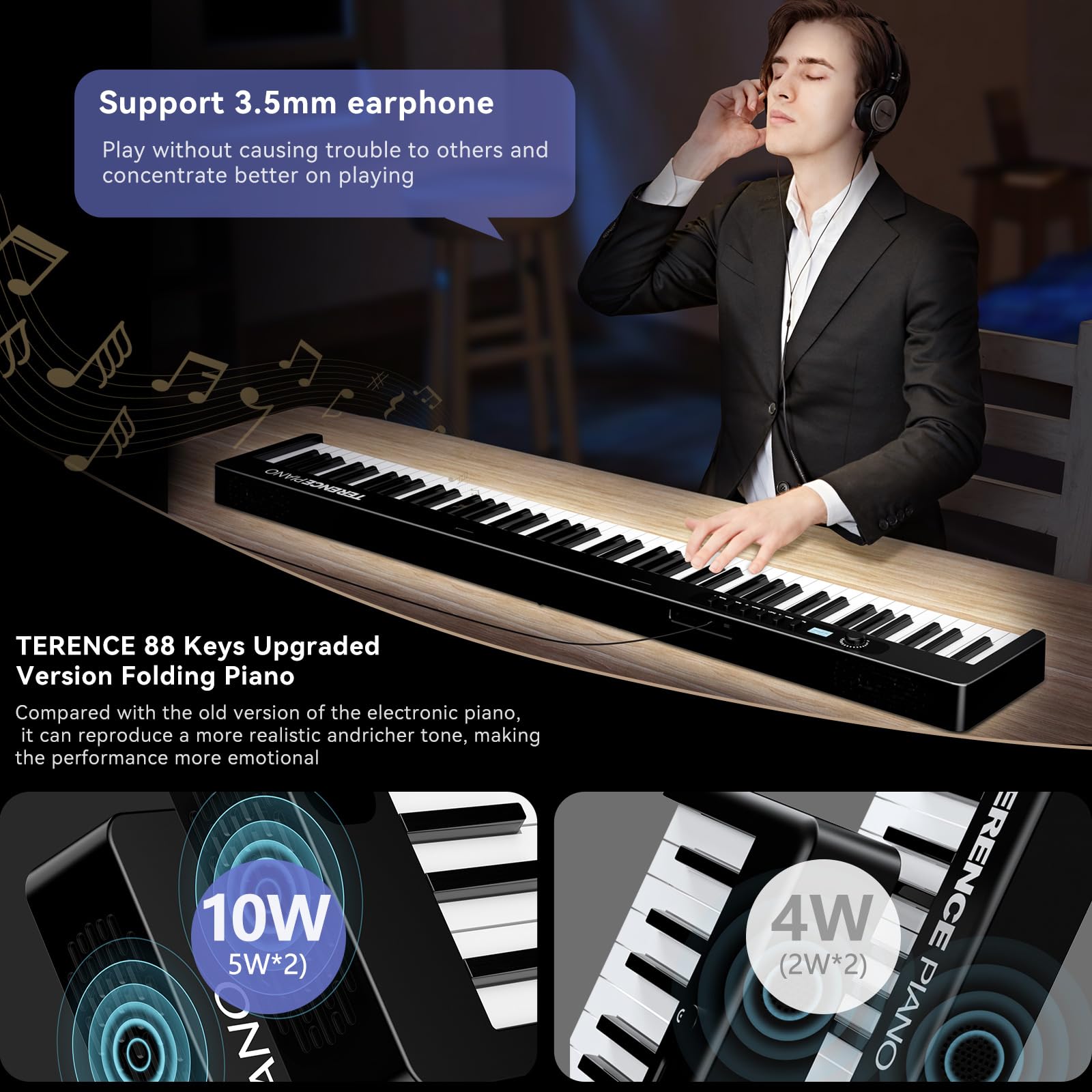 61-Key Foldable Digital Piano Keyboard, Full Size Semi-Weighted Keyboard & 1800mAh Battery Support USB/MIDI with Bluetooth Sheet Music Stand Sticker Bag Audio Cable Earphones Fit for Beginners Kids