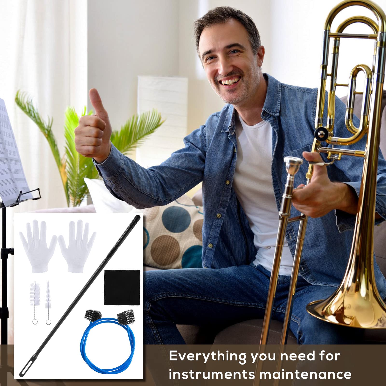 7 Pieces Trombone Care Cleaning Kit Maintenance Kit Flexible Brush Slide Grease Mouthpiece Brush Valve Cleaning Cloth Casing Brush Cleaning Rod White Gloves for Instruments
