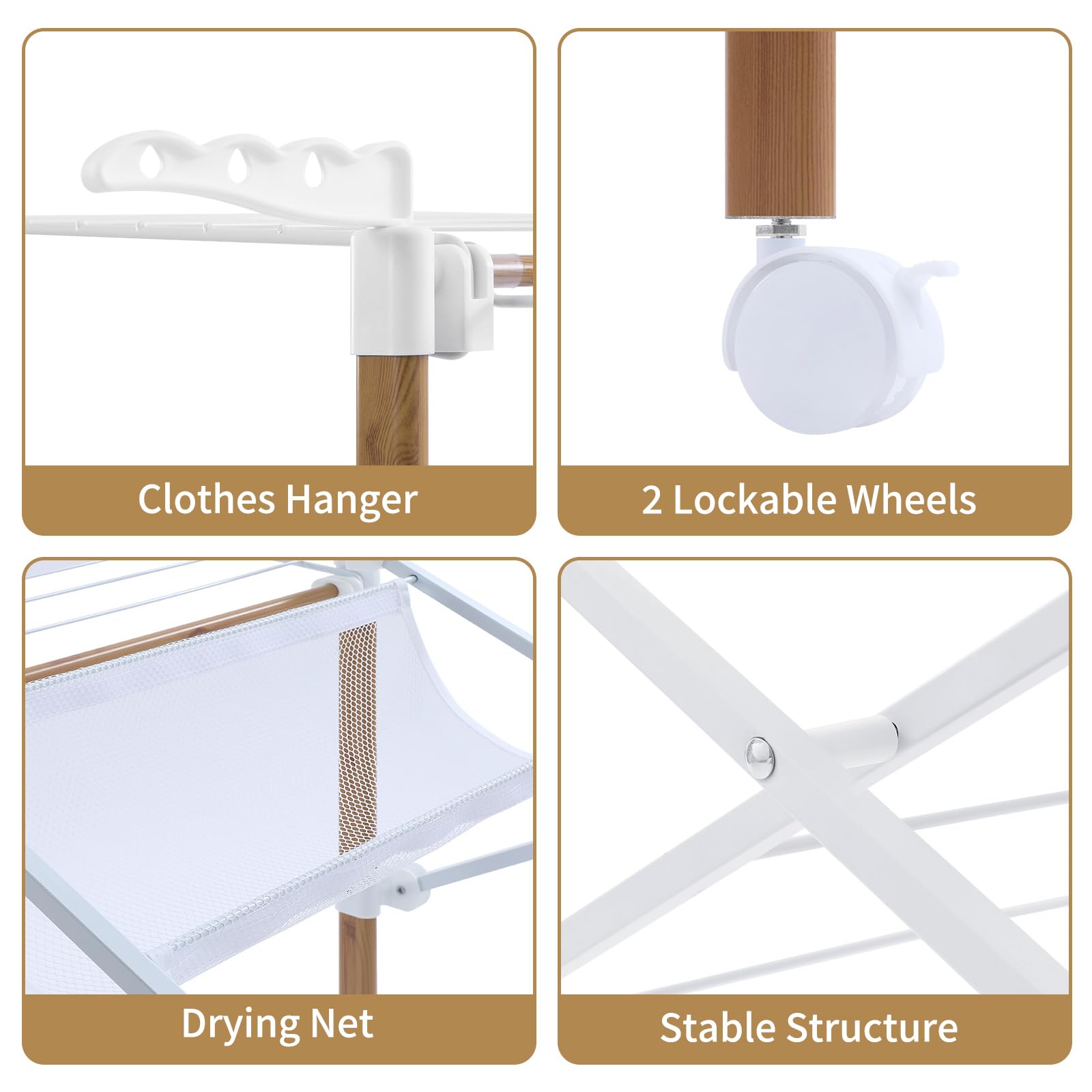 APEXCHASER Collapsible Drying Racks for Laundry, Metal Drying Rack Clothing with Wheels, Foldable 4-Wings Drying Rack for Home, Balcony, Apartments, Wooden Look