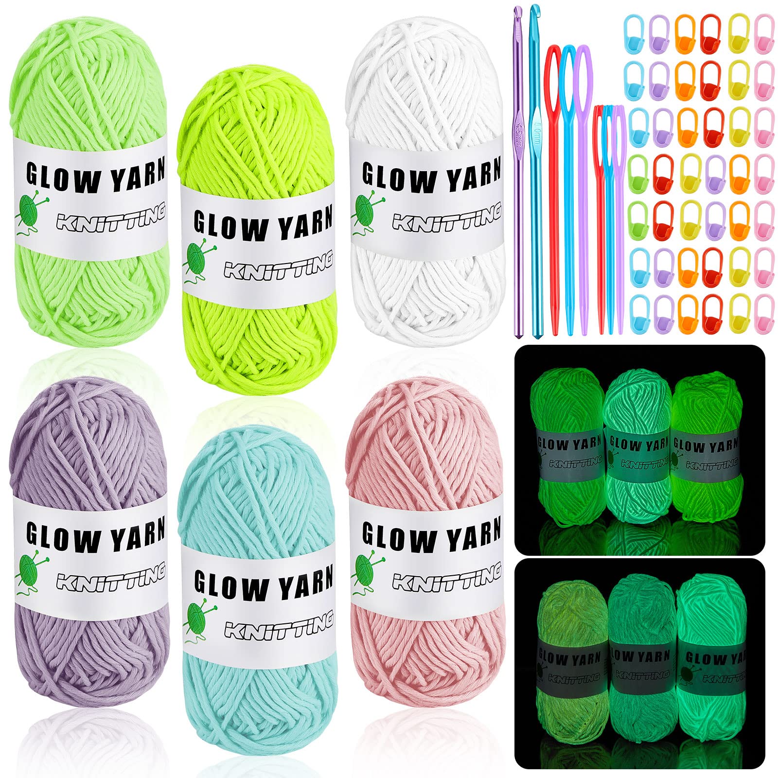 6 Rolls Glow in The Dark Yarn for Crochet DIY Glow Yarn Luminous Knitting Crochet Yarn Kit with 6 Weaving Needles 20 Locking Knitting Markers 2 Crochet Hooks for Arts Crafts (Mixed Colors,Polyester)