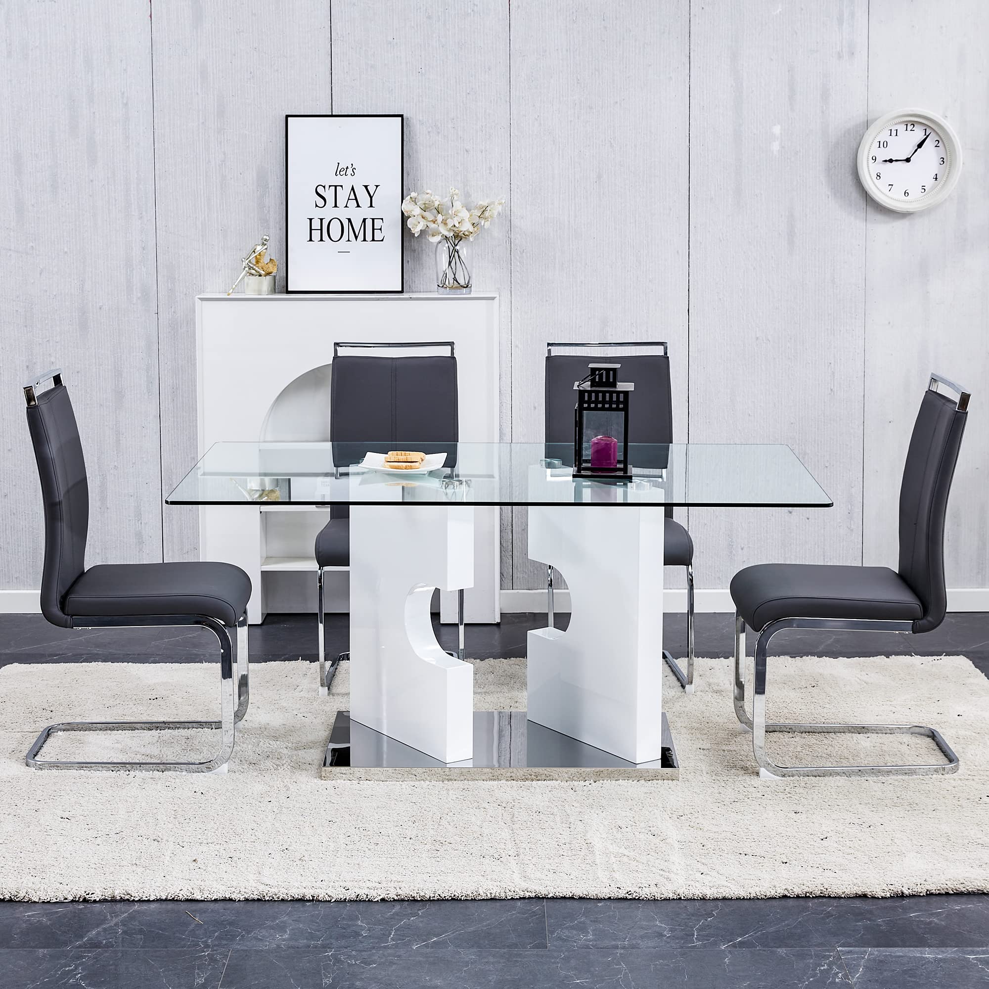 63'' Glass Dining Table for 6, 0.39" Tempered Glass Tabletop and White MDF Base,Large Dining Room Table for Home Kitchen Banquet Hall,Luxury Glass Table for Living Room Meeting Room(No Chair)